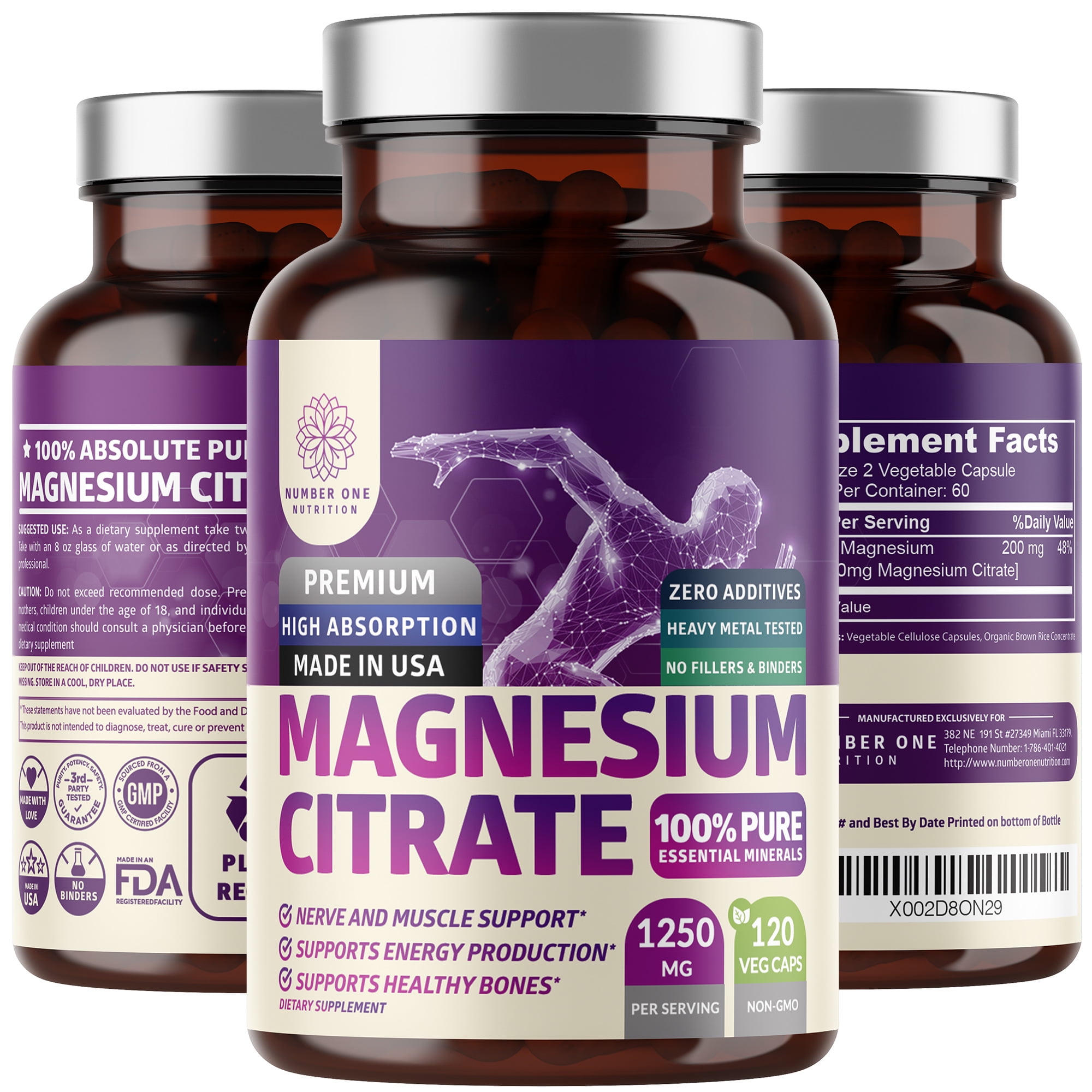 Number One Nutrition Magnesium Citrate Capsules 1250mg, 120 Count, High ...