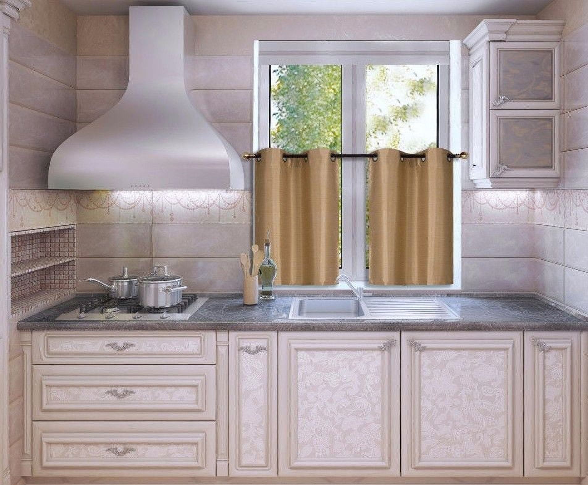 N25 Gold 1-Set Light Filtering Kitchen Window Curtain, 2 Faux Silk Tier ...