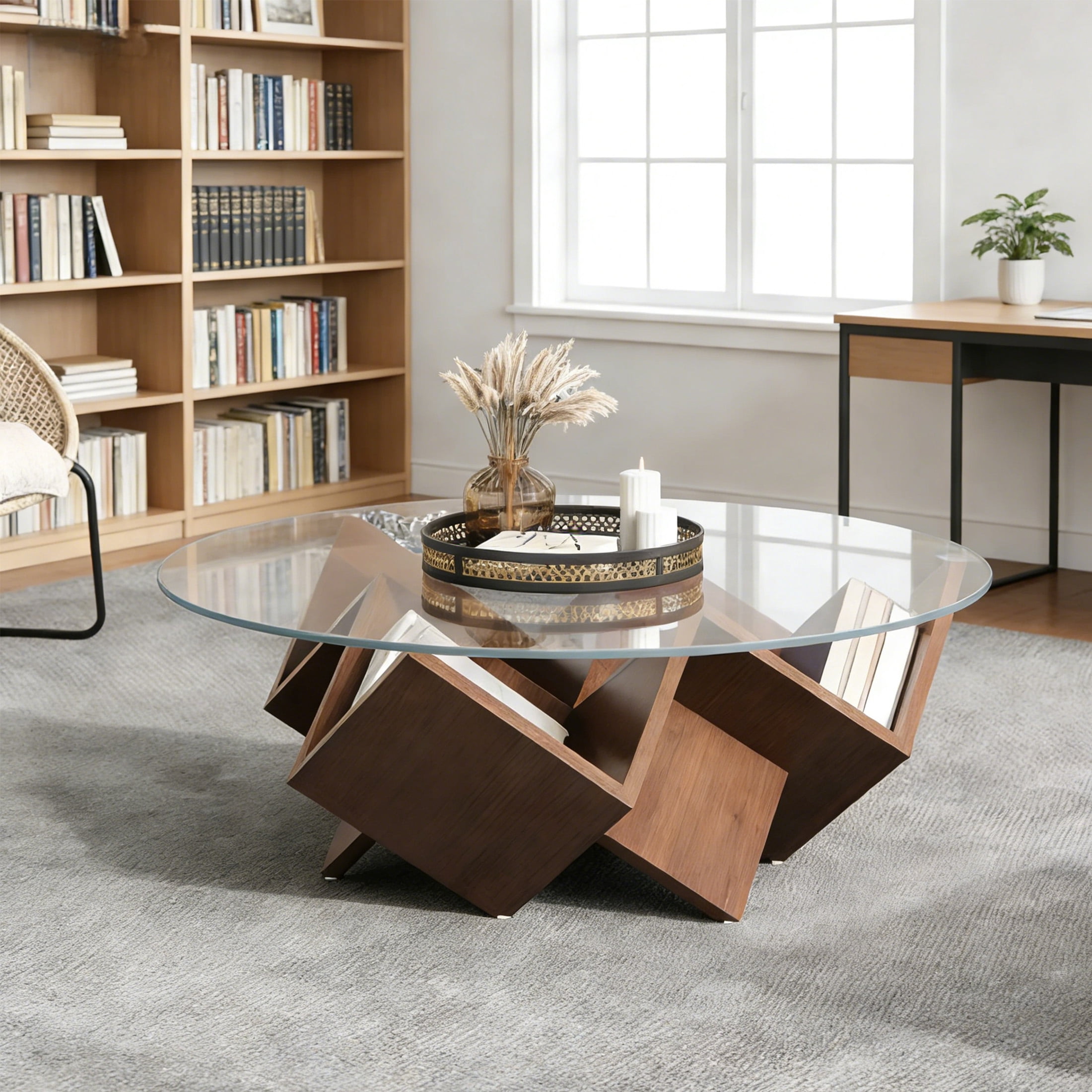 N735P350383D 35.4" Round Glass Top Coffee Table - Walnut Geometric Art ...