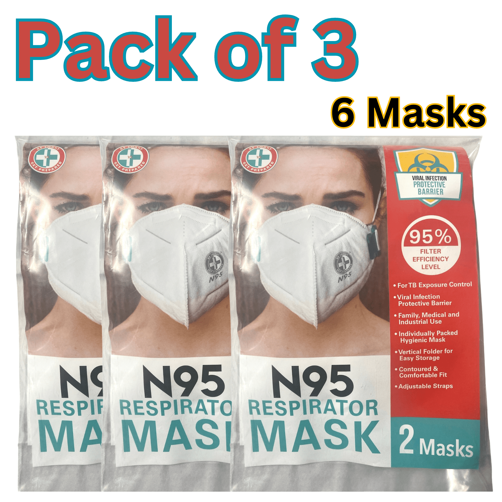 N95 Respirator Mask - Pack of 3 (6 Masks), 95% Filter Efficiency, Viral ...