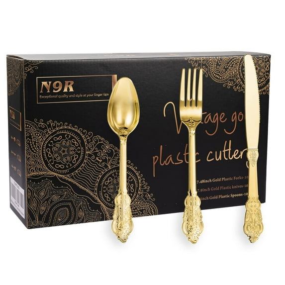 N9R 300pcs Gold Plastic Silverware Dinnerware Flatware- Heavyweight ...
