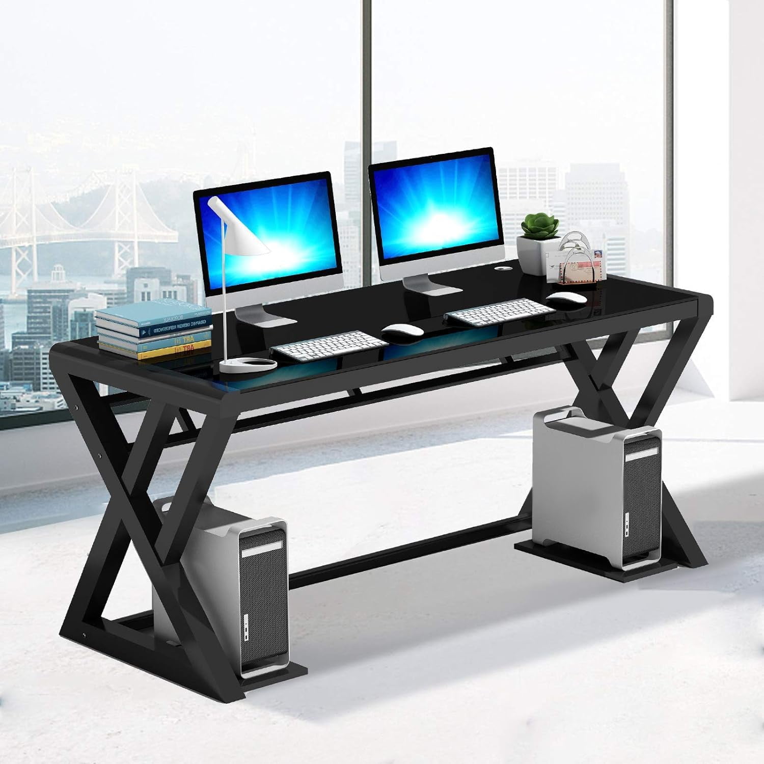 NA Tempered Glass Computer Desk with X-Shaped Metal Frame, Fashion ...