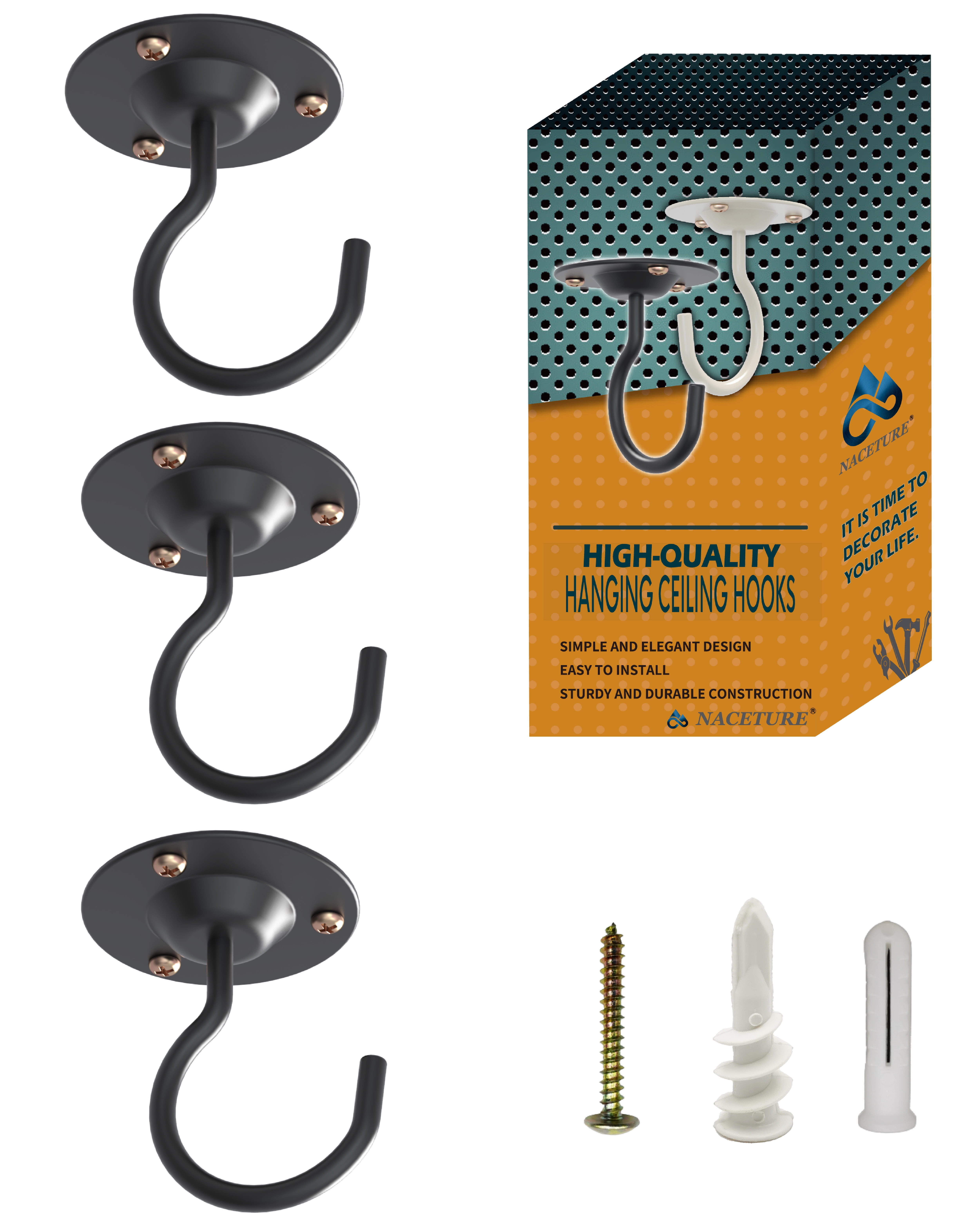 NACETURE Ceiling Hooks for Hanging Plants Black 3 Pcs - Plant Hanger ...