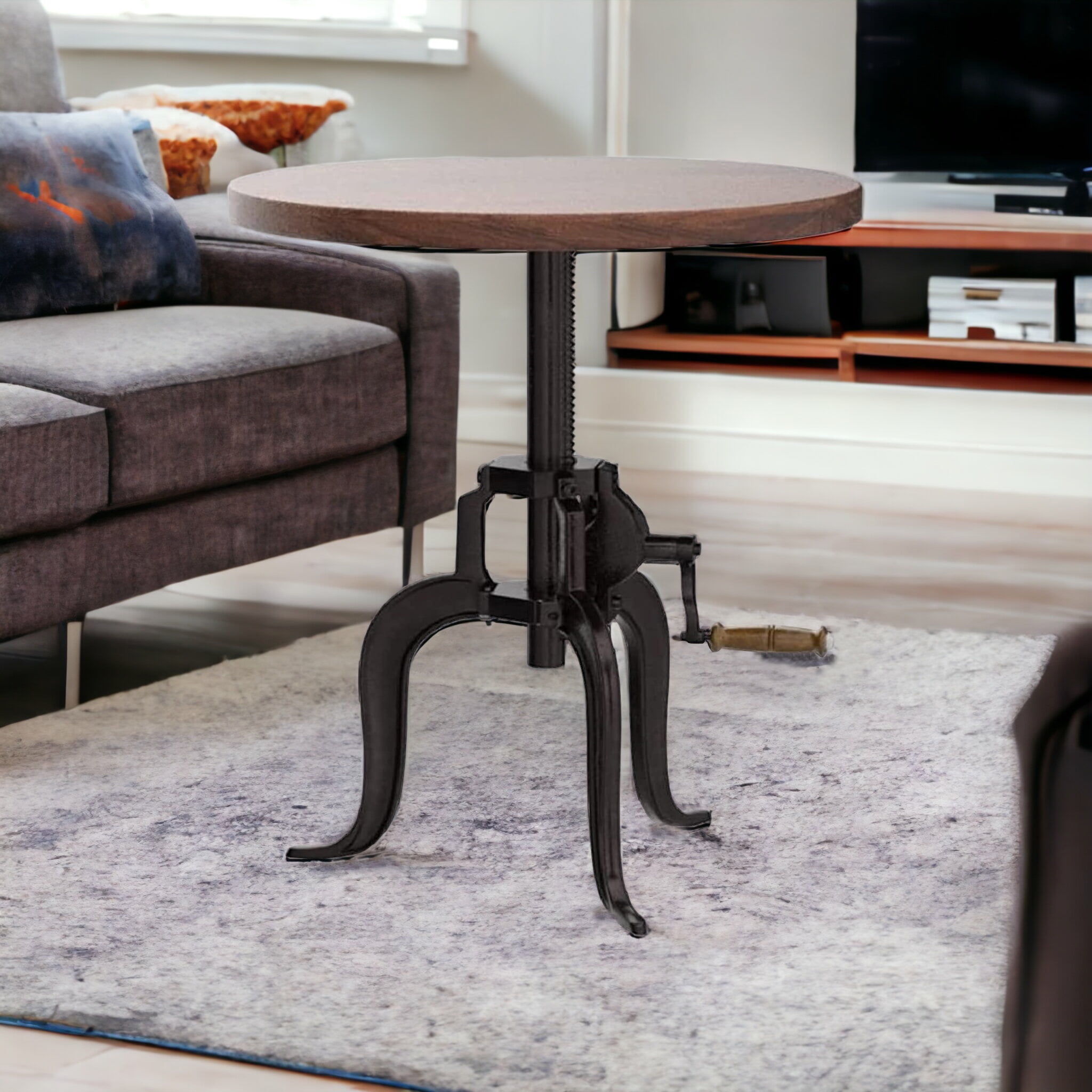 NACH Mango Wood/Cast Iron Crank Side Table, 18"x18"x18-27"(CC-1816 ...