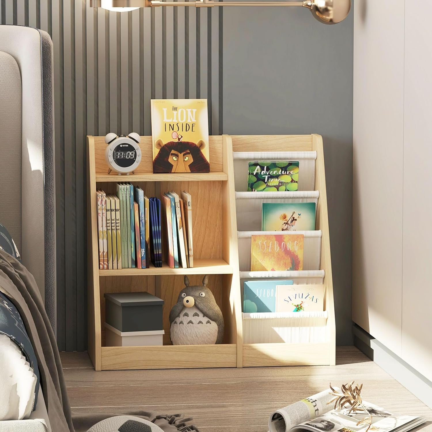 NACHES 3 Tier Kid Bookshelf Wooden 4 Sling Children Bookcase Adjustable ...
