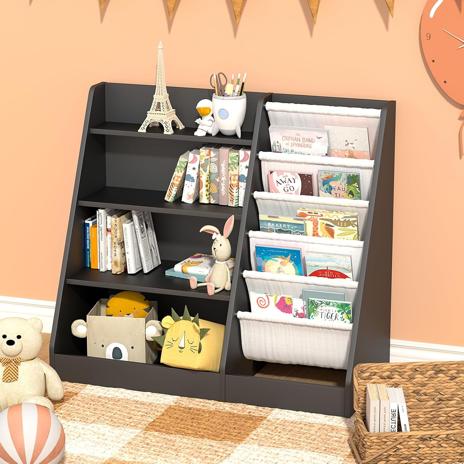NACHES 4 Tier Kid Bookshelf Wooden 5 Sling Children Bookcase Toddler ...