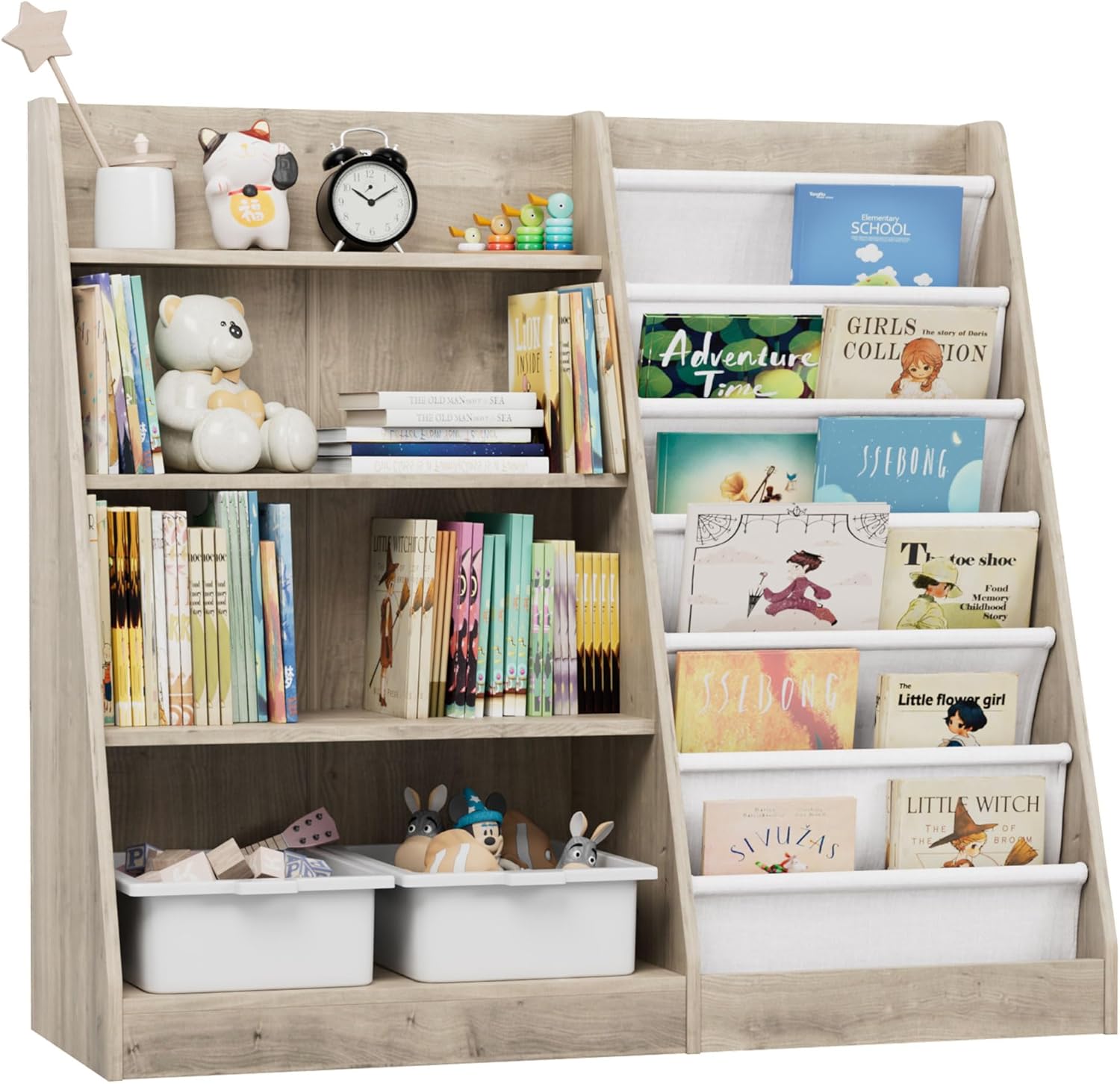 NACHES 4 Tier Kid Bookshelf Wooden 6 Sling Children Bookcase Toddler ...
