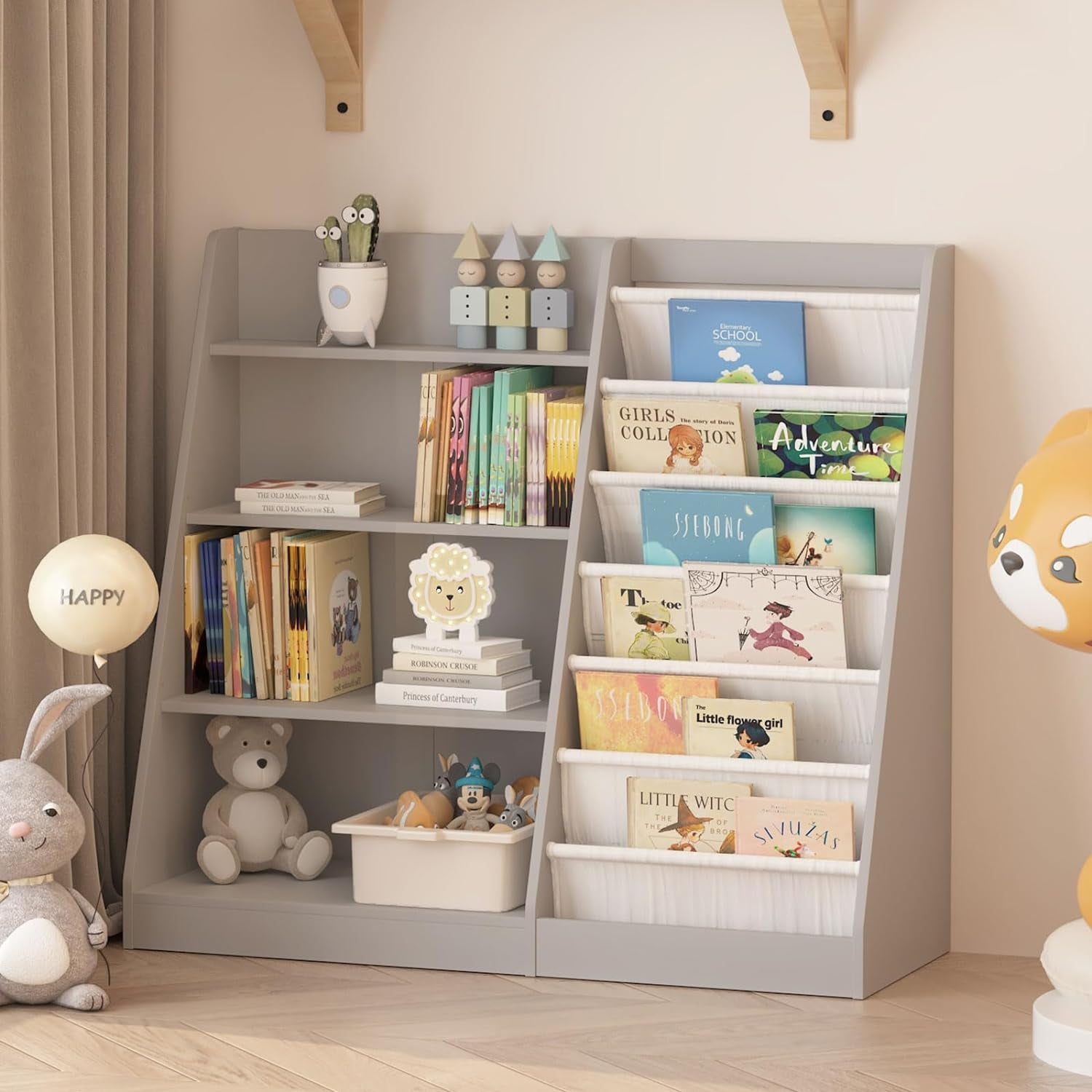 NACHES 4 Tier Kid Bookshelf Wooden 6 Sling Children Bookcase Toddler ...