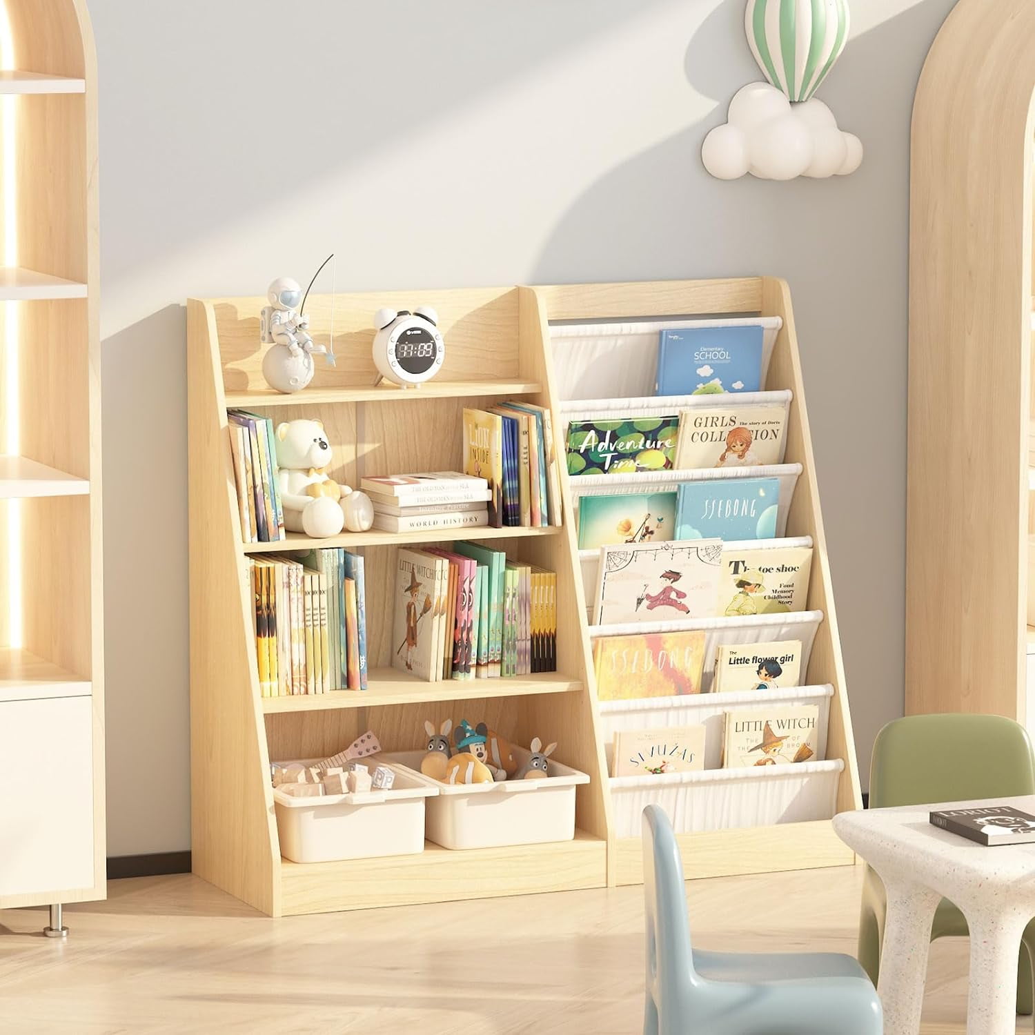 NACHES 4 Tier Kid Bookshelf Wooden 6 Sling Children Bookcase Toddler ...