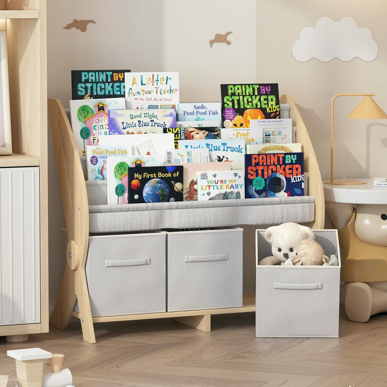 NACHES 4-Tier Kids Sling Bookshelf with 3 Storage Bins, Nursery Book ...