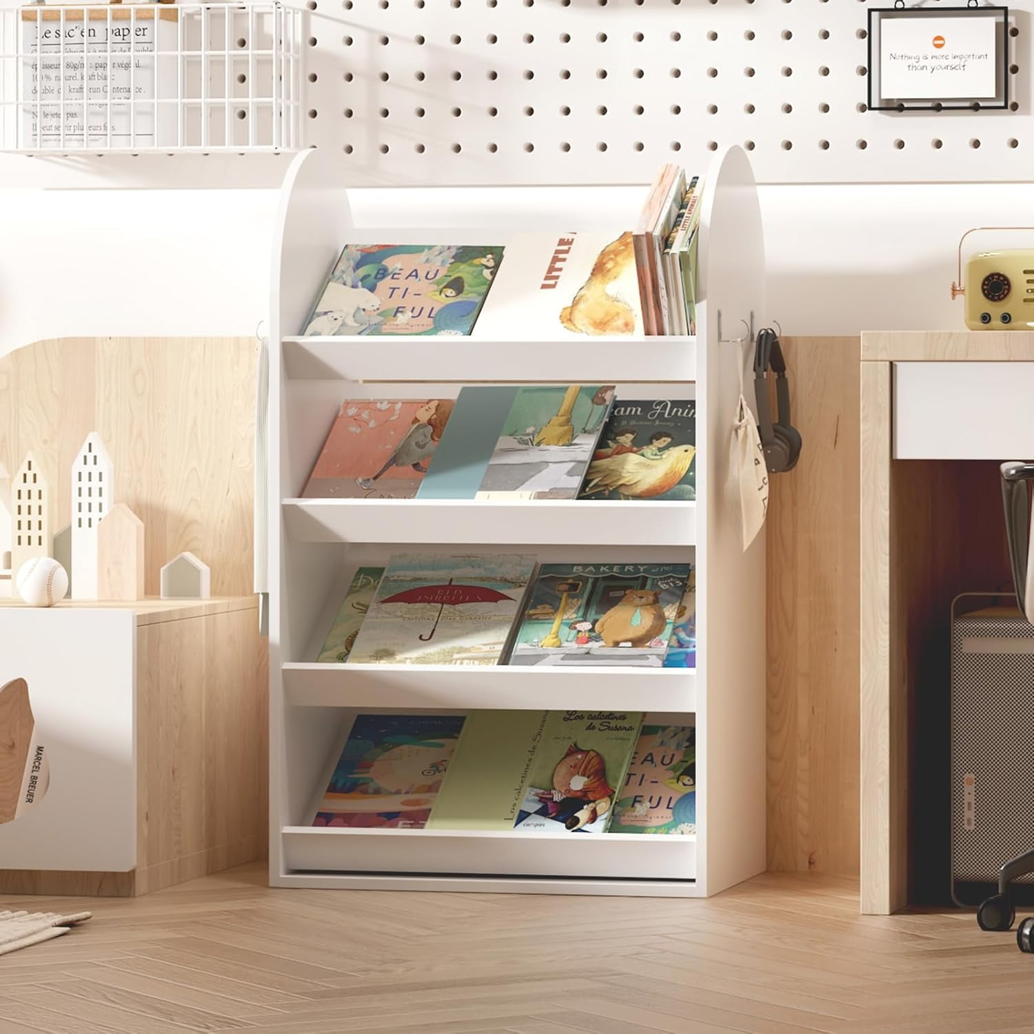 NACHES 4-Tier Kids Bookshelf, Toddlers Bookcase with 4-Hooks, Front ...