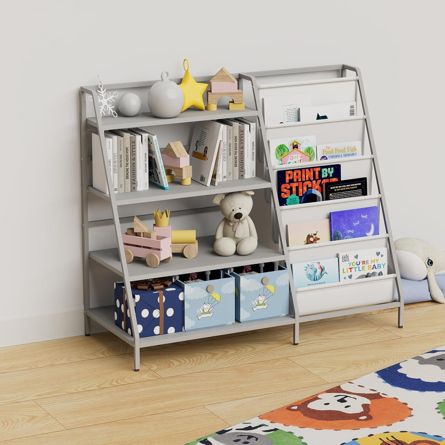 NACHES Kids Bookshelf and Toys Storage Childrens Bookcase with 5 Sling ...