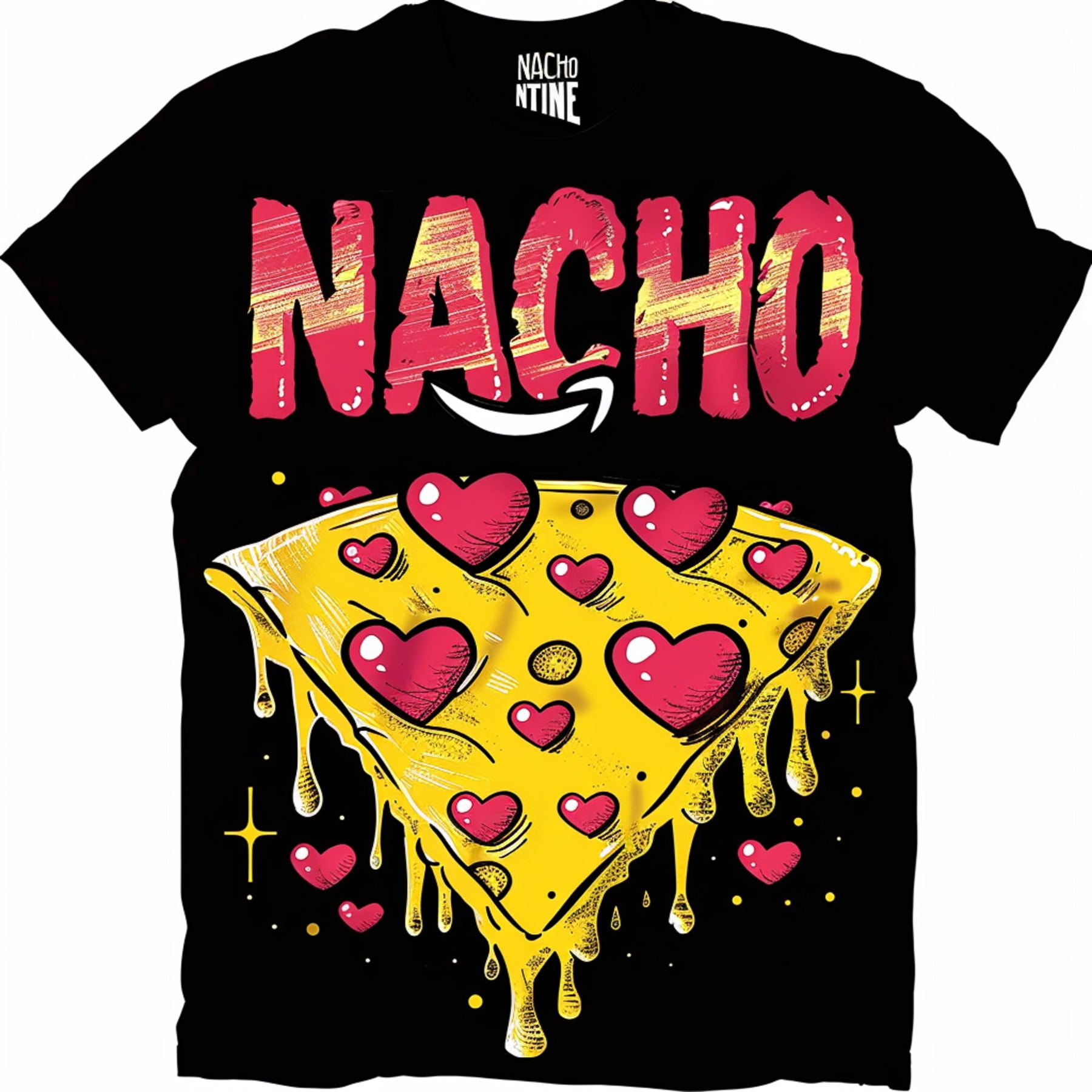 NACHO Bold Text & Comic Hearts on Oversized Chip T Shirt Vibrant colors ...
