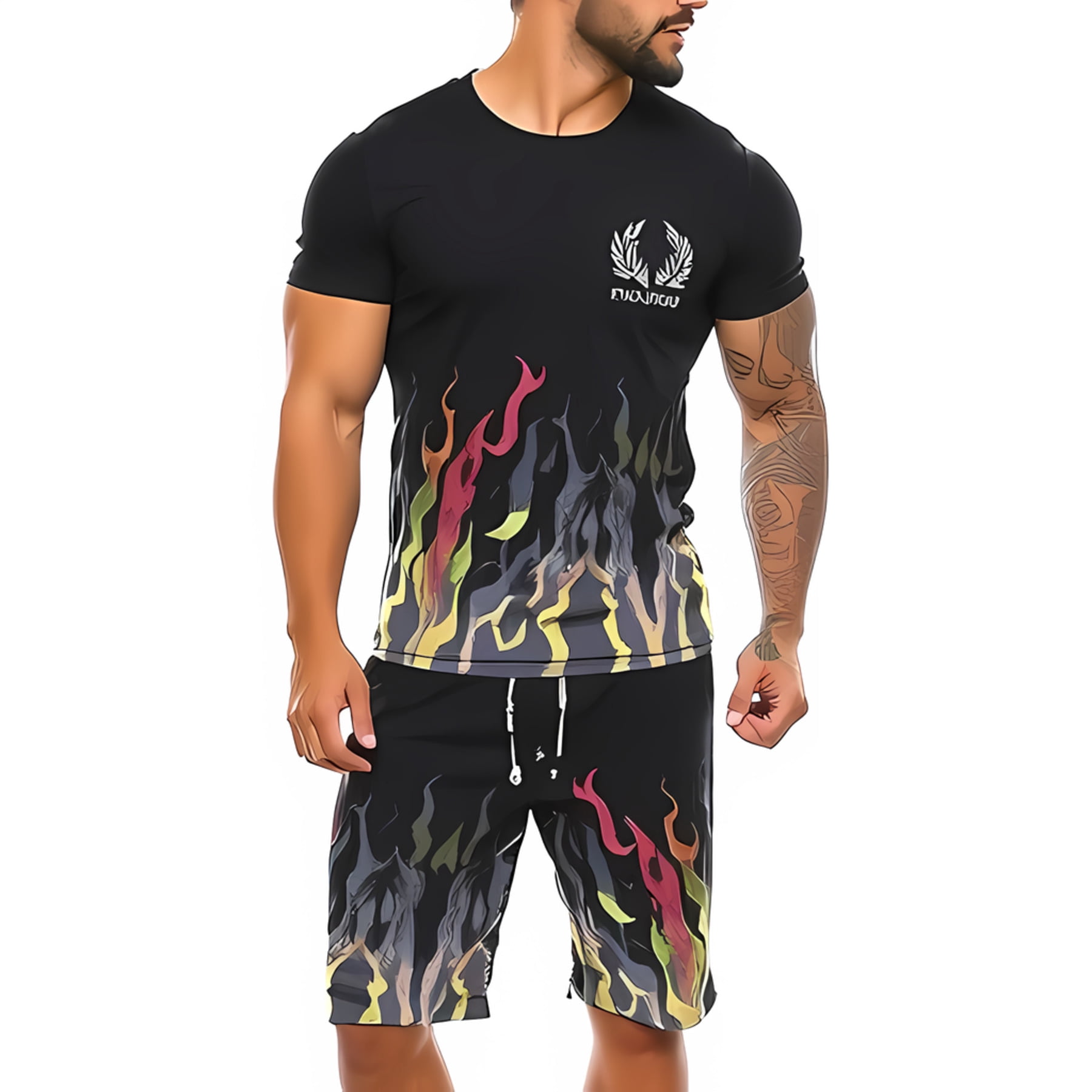 NACORI Men's Black Flame Design T-Shirt and Shorts Set - Stylish ...