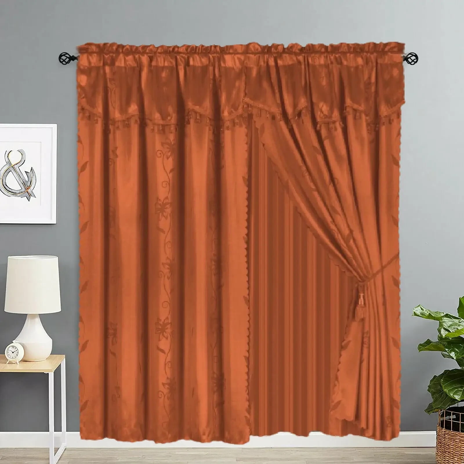 Nada Orange Complete Set Window Curtain Floral Faux Silk Panels ...