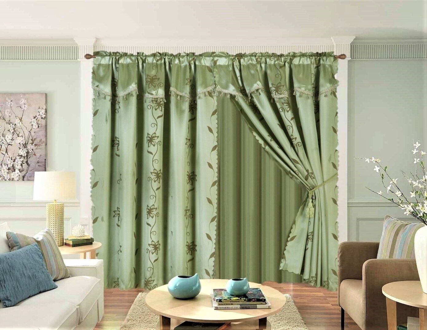 NADA Sage green color 8 piece complete set window curtain panels ...