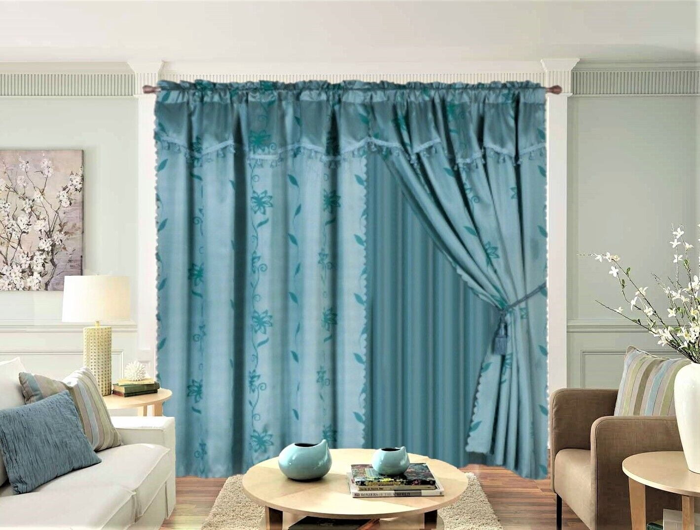 NADA Teal color 8 piece complete set window curtain panels, matching ...