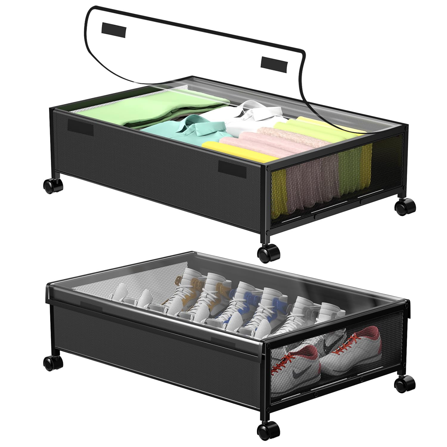 NADAMOO Under Bed Storage with Wheels and Clear Cover, Rolling Underbed ...