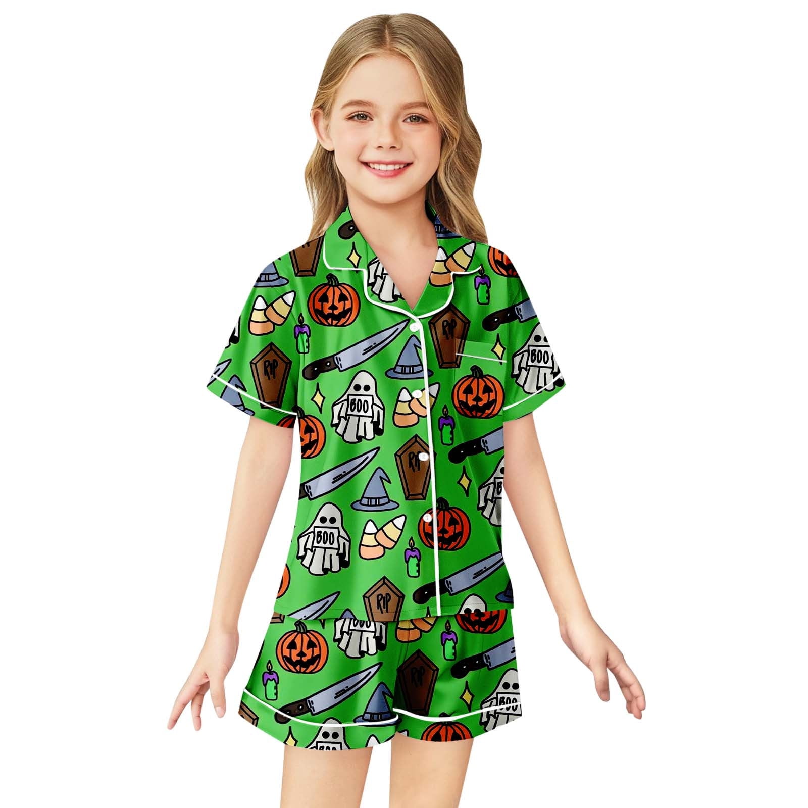 NAFUU Girls Satin Pajamas Set 2 Piece Girl Halloween Printed Silk ...