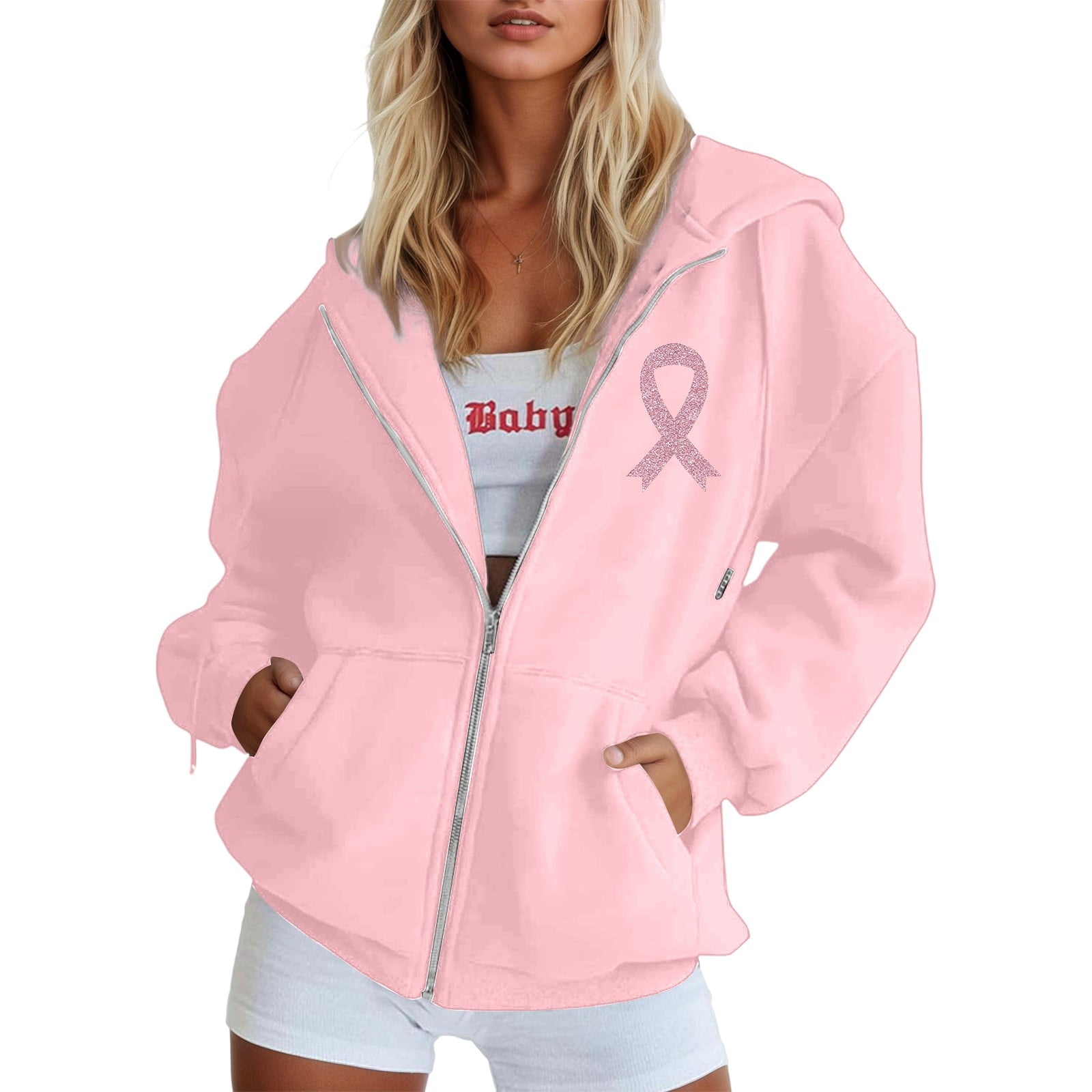 NAFUU Ladies Breast Cancer Zip Hoodie Women's Full Zip Up Hoodies Pink ...