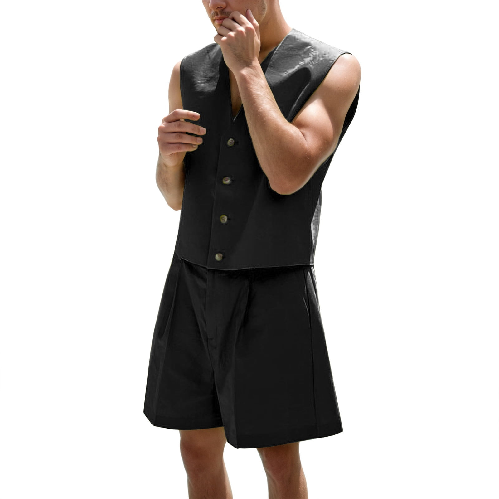 NAFUU Mens Suit 2 Piece Short Suits V Neck Sleeveless Vest High Waist ...