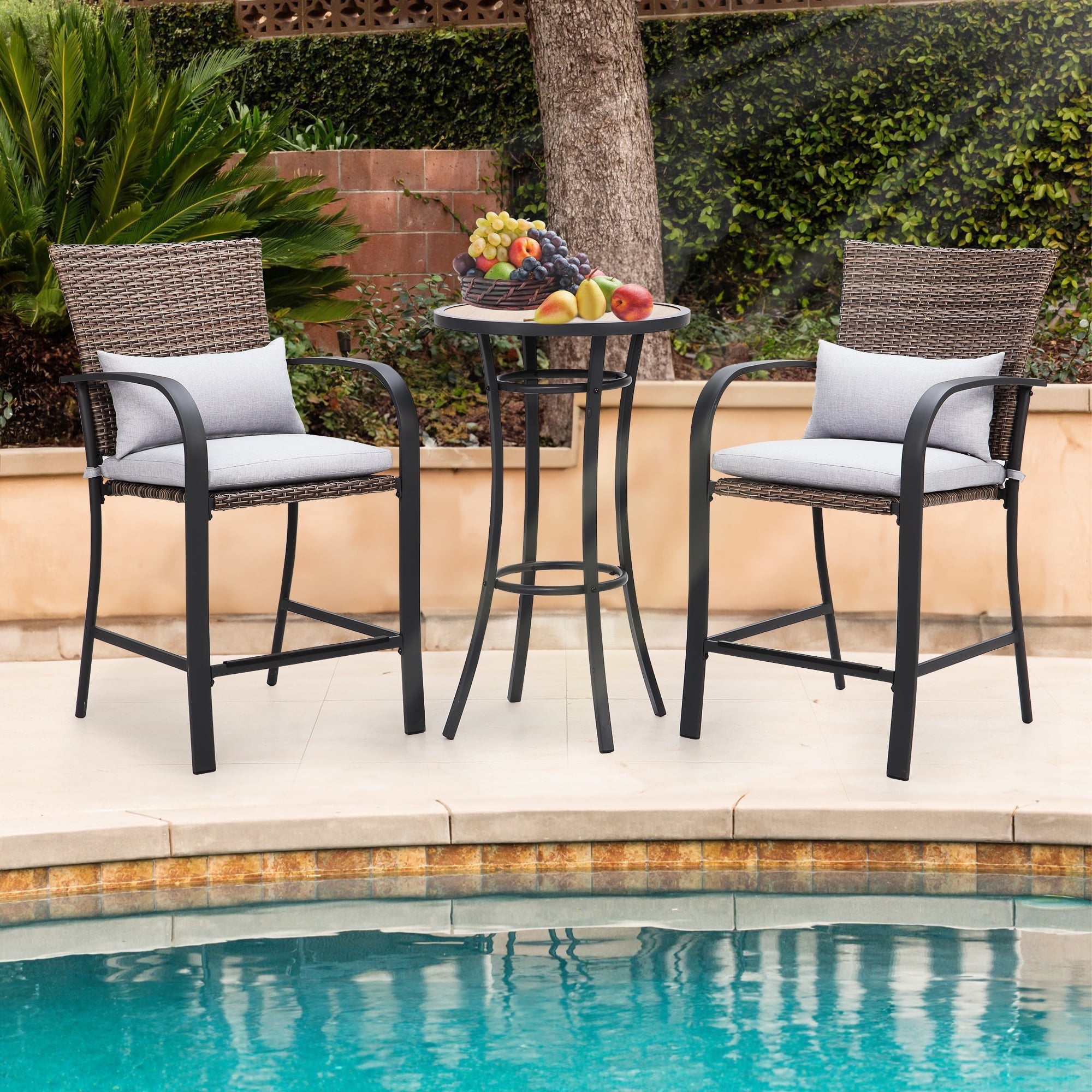 NAGA BAHNA 3PCS Outdoor Patio Rattan Bar Furniture Set,Wicker Bar ...