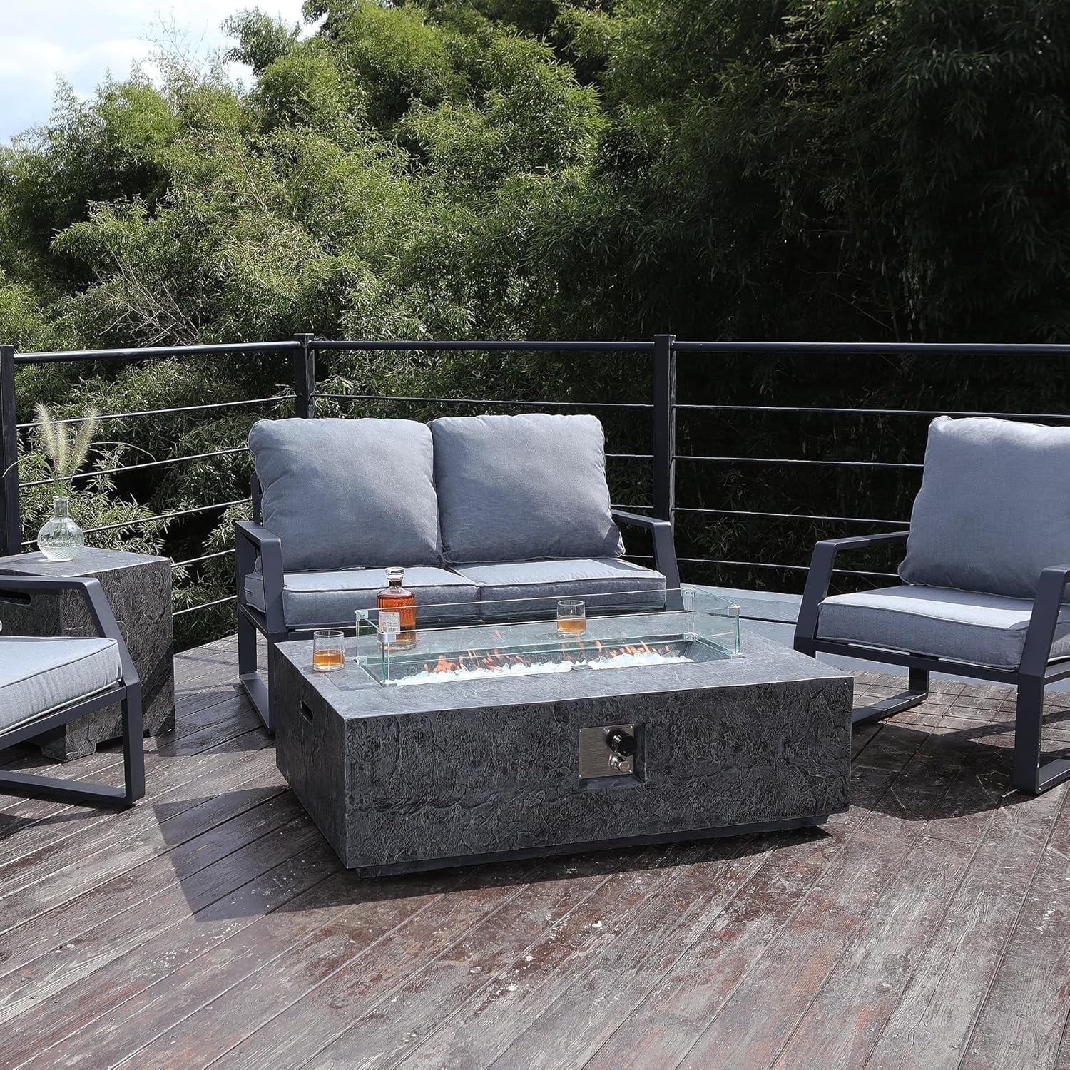 Naga Bahna 3-Piece Propane Fire Pit Table Set w Tank Table & Glass Wind ...