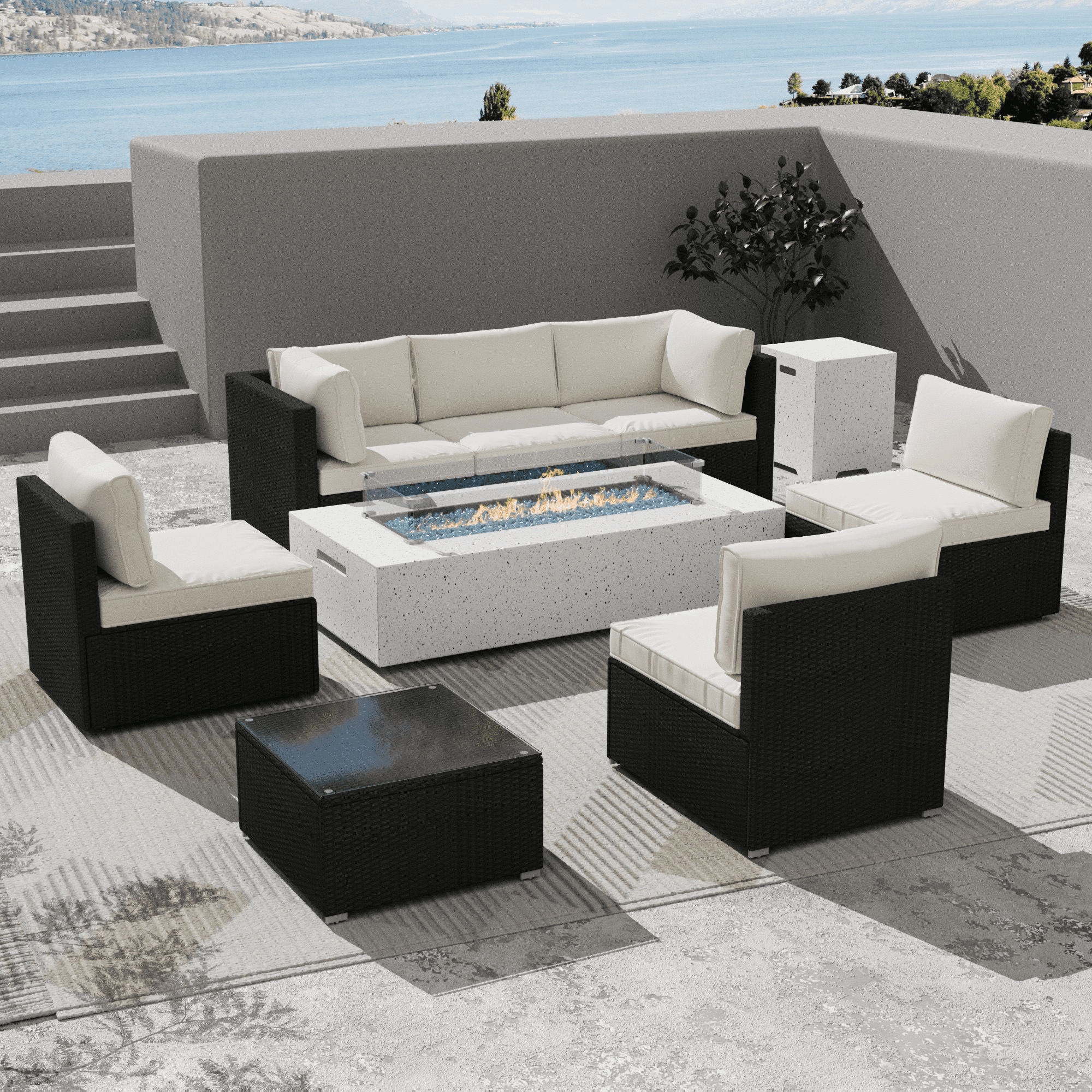 2-Piece Propane Fire Pit Table Set w Tank Table, 56-Inch Outdoor Gas ...