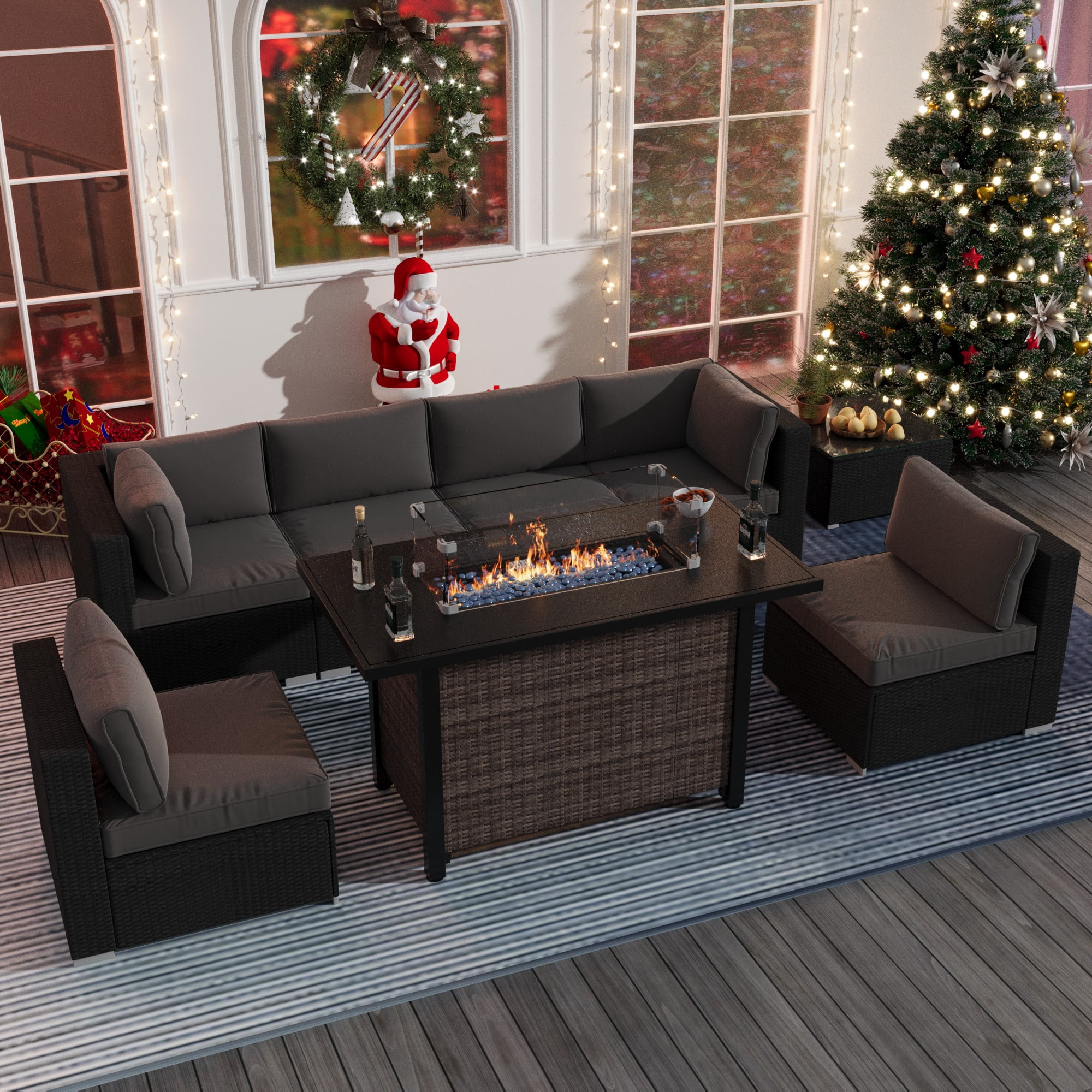 NAGA BAHNA 8PCS Wicker Patio Furniture Set with 43'' Propane Fire Pit ...