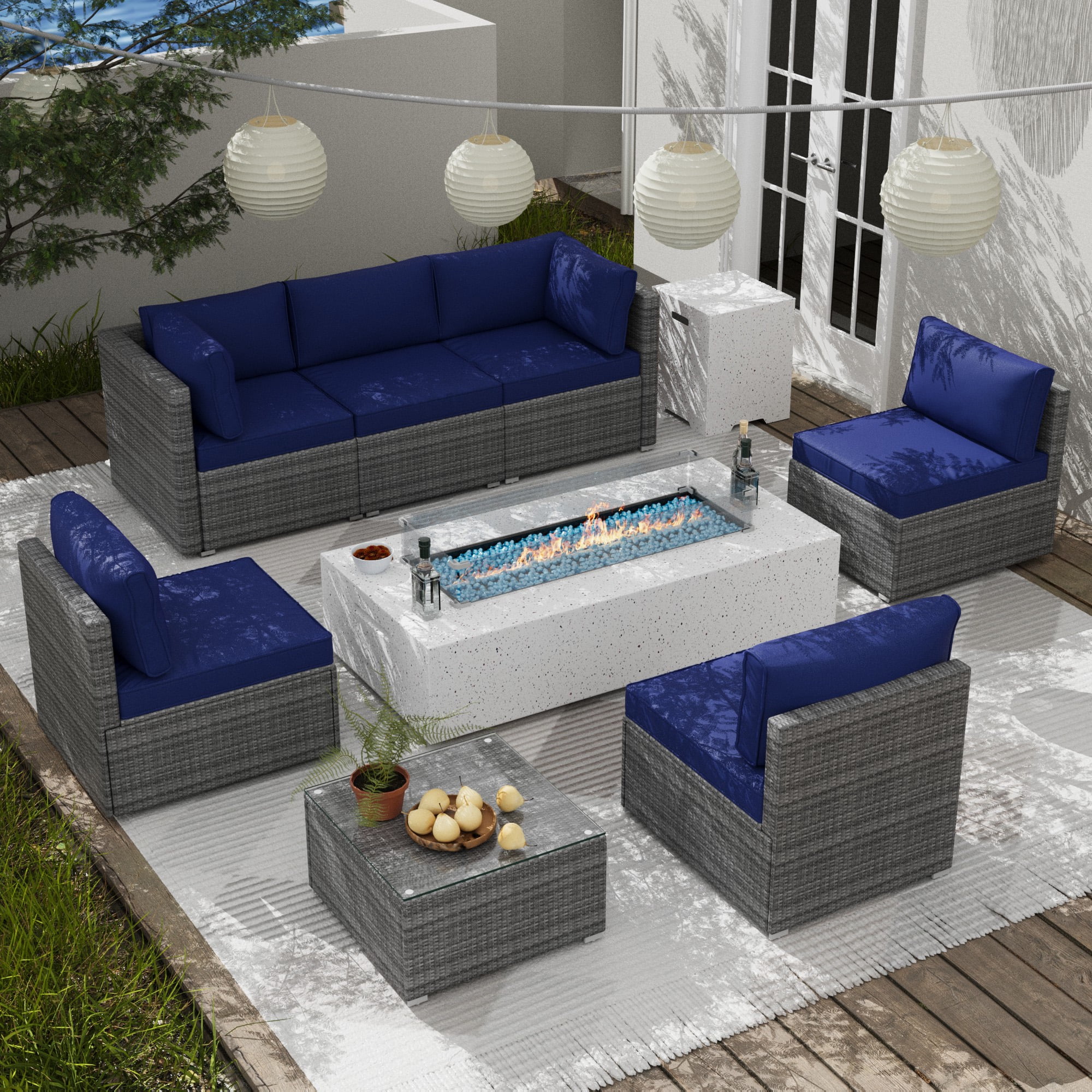 NAGA BAHNA 9PCS Outdoor Patio Furniture Set with 56'' Propane Terrazzo ...