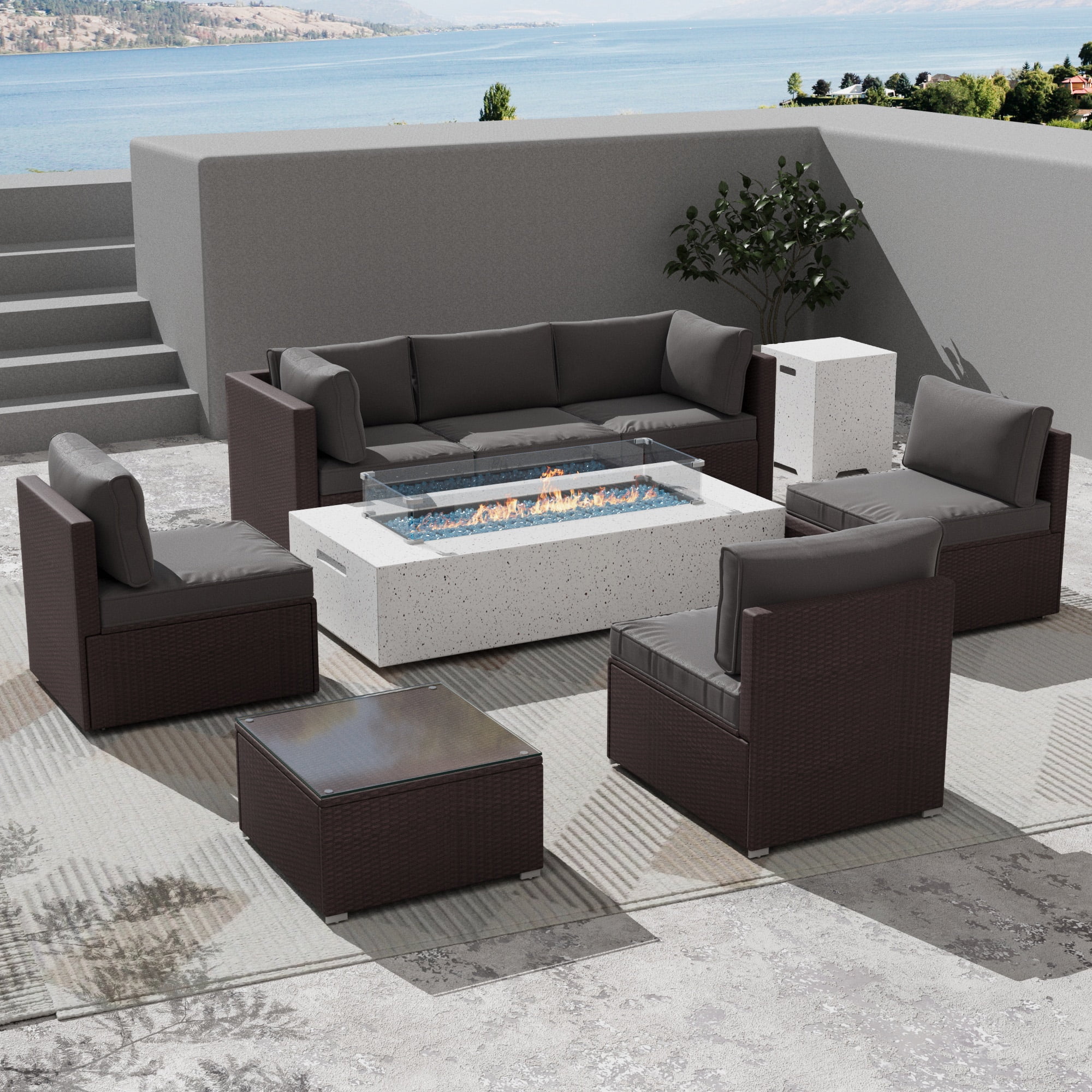 9PCS Outdoor Patio Furniture Set with 56'' Propane Terrazzo Fire Pit ...