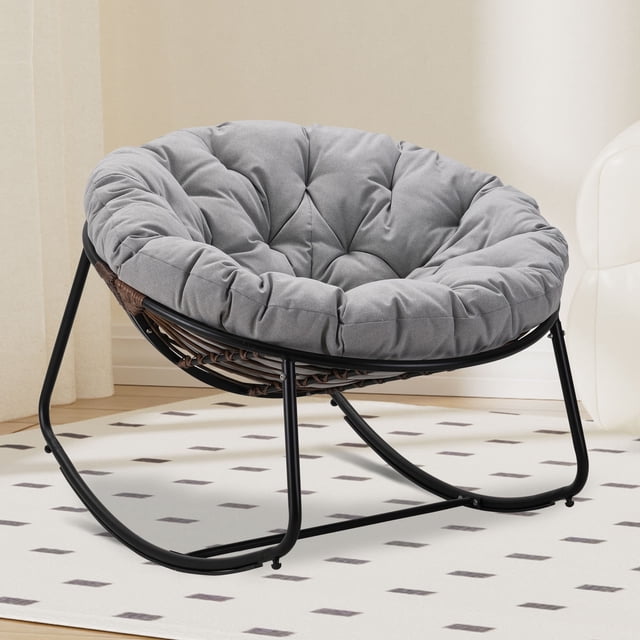 Papasan Rocking Chair, Round Patio Wicker Rocker Chair with Padded ...