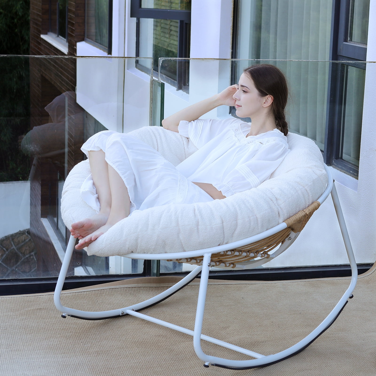 NAGA BAHNA Papasan Rocking Chair, Round Patio Wicker Rocker Chair with ...