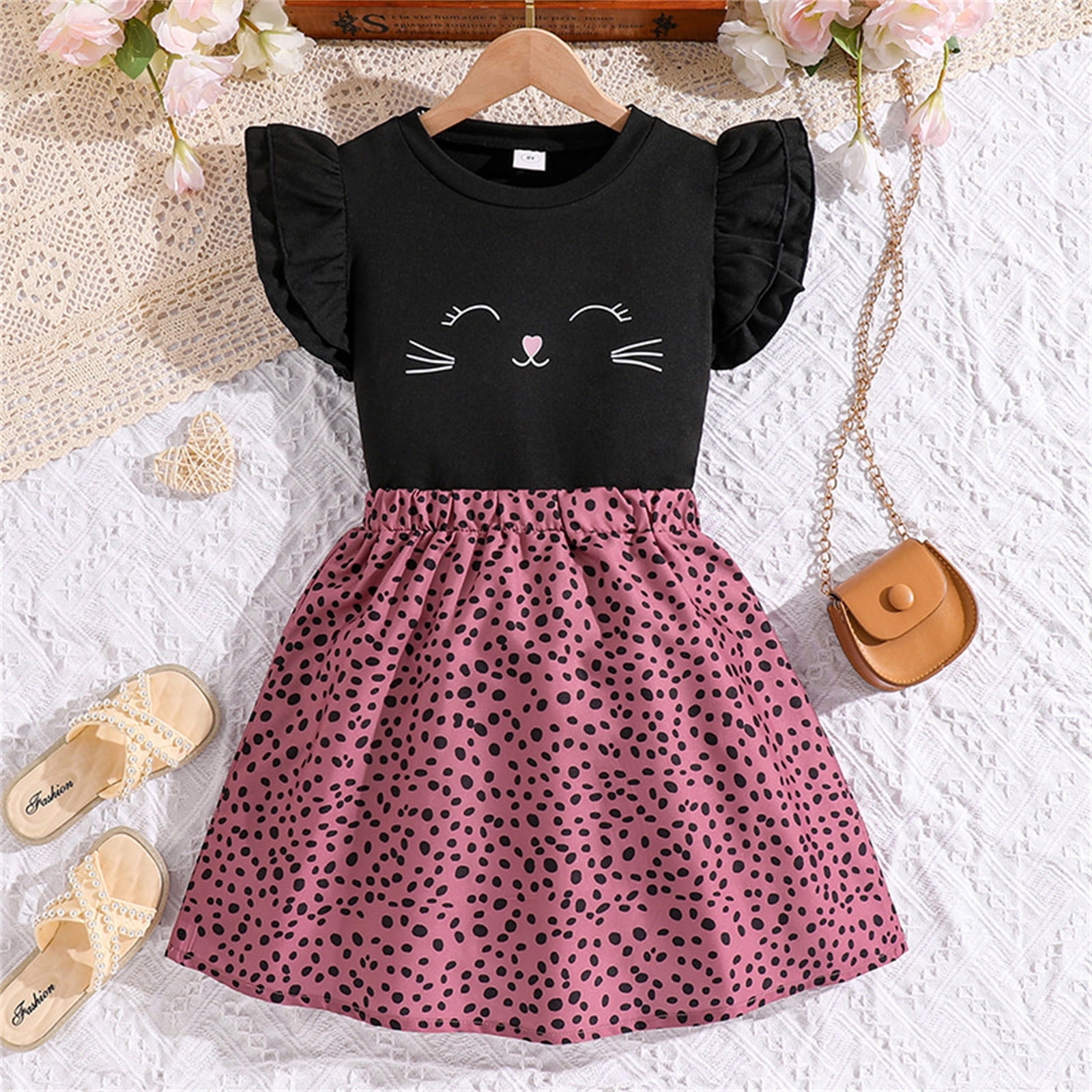 NAISIBABY Girls 2-Piece Sets, Flounce Cute Tops Leopard Pleated Skirts ...