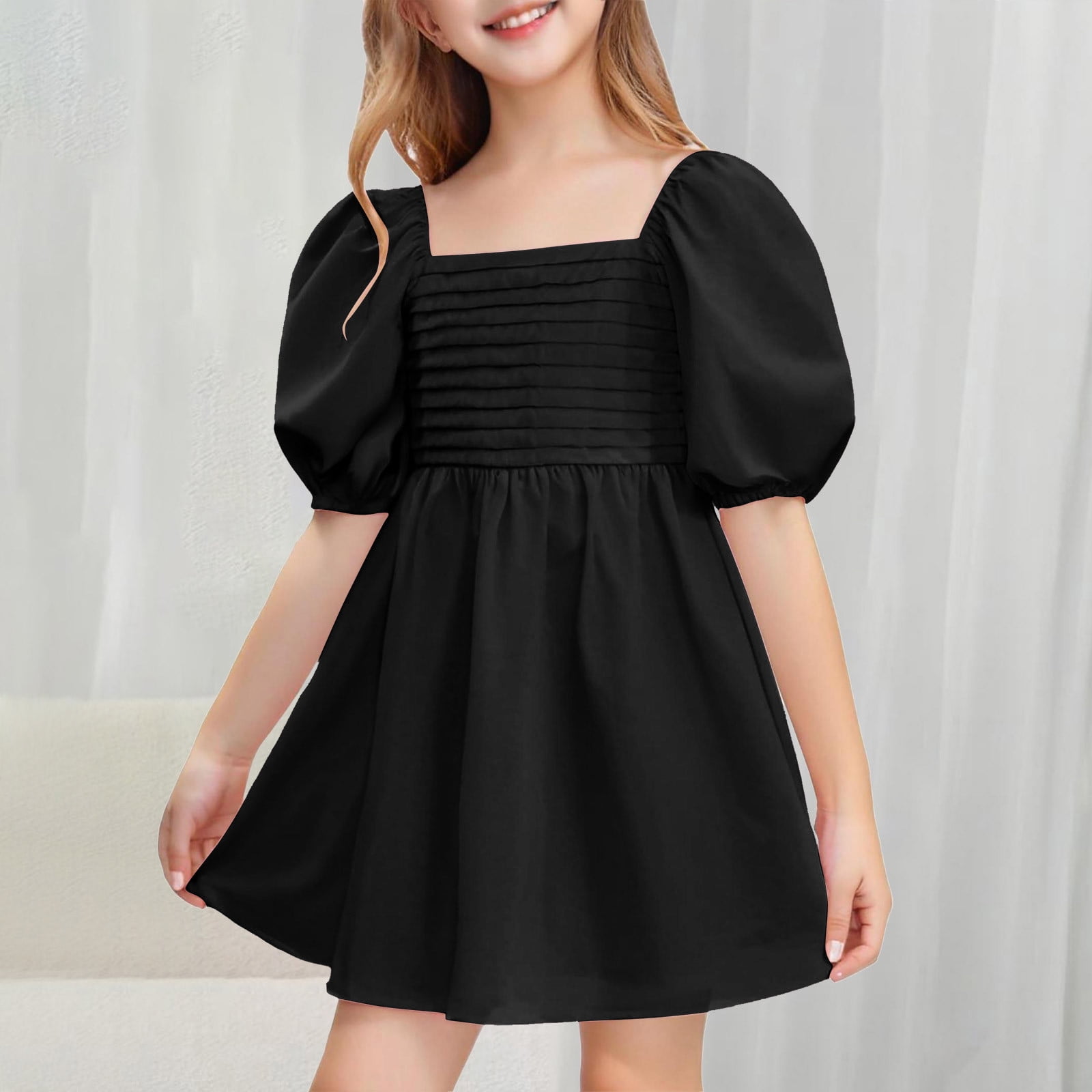 NAISIBABY Girls Pleated Dress, Fit Flare Square Neck Puff Sleeve Summer ...