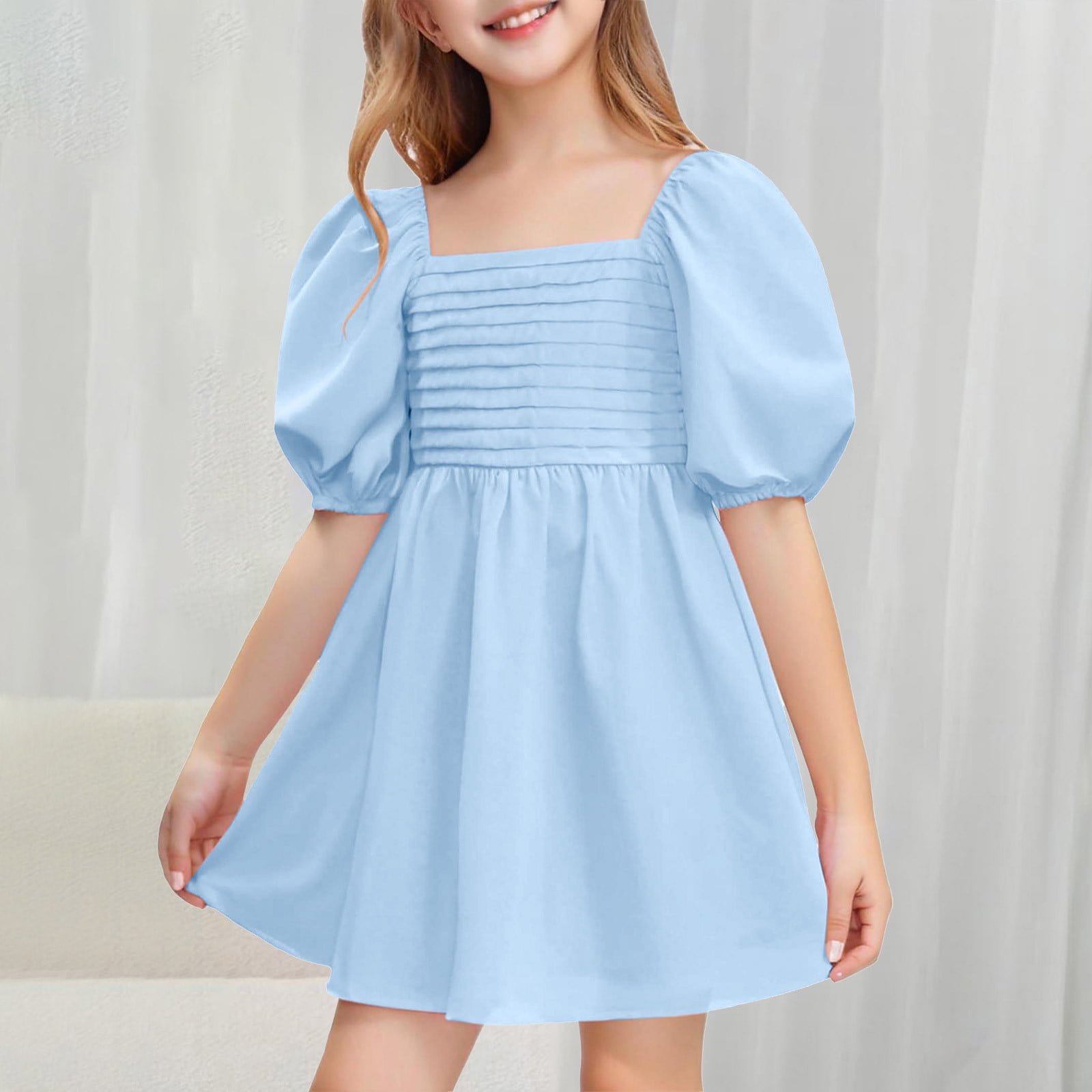 NAISIBABY Girls Pleated Dress, Puff Sleeve Square Neck Fit Flare Summer ...