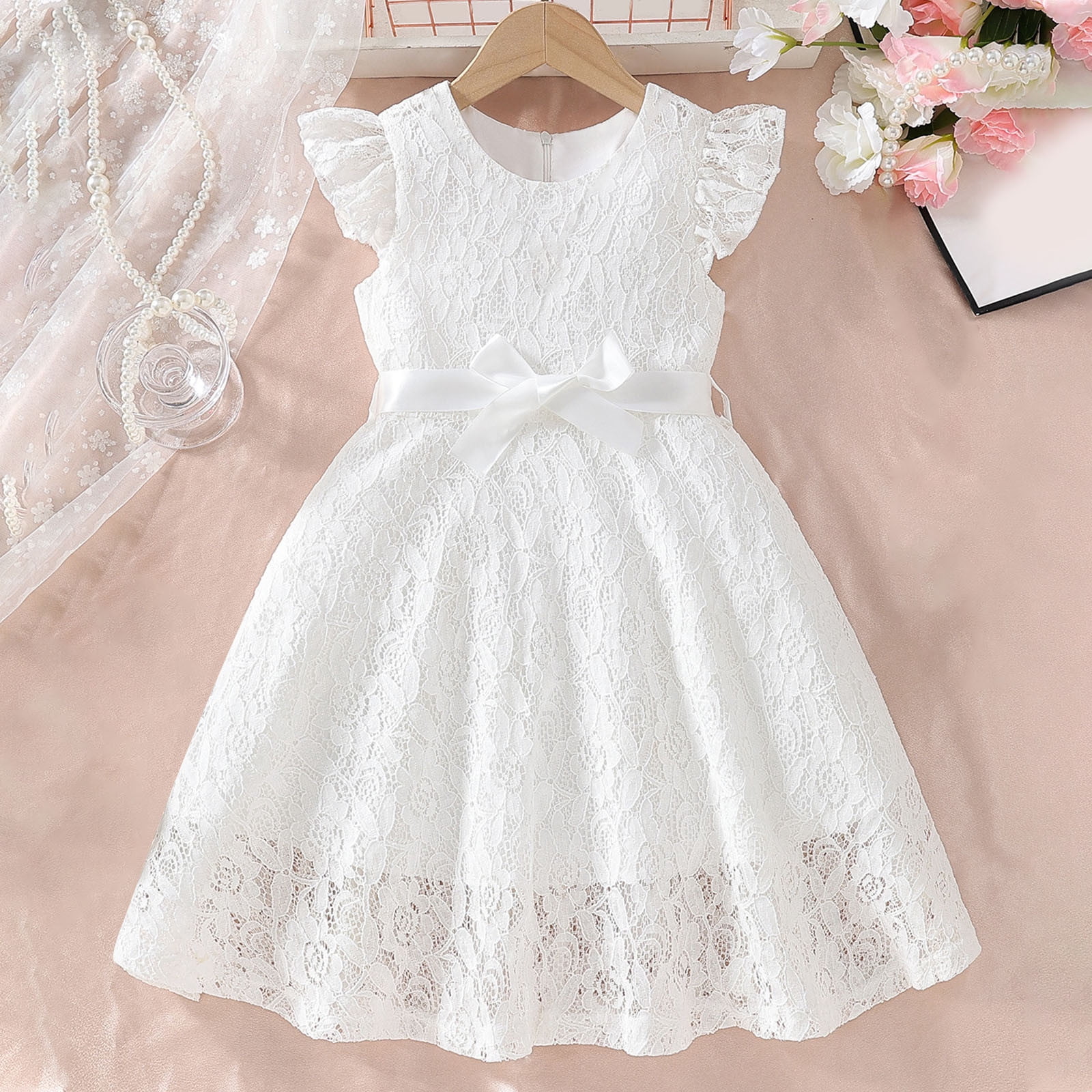 NAISIBABY Girls Princess Dress, Bow Ruffle Sleeve Lace Mesh Party ...