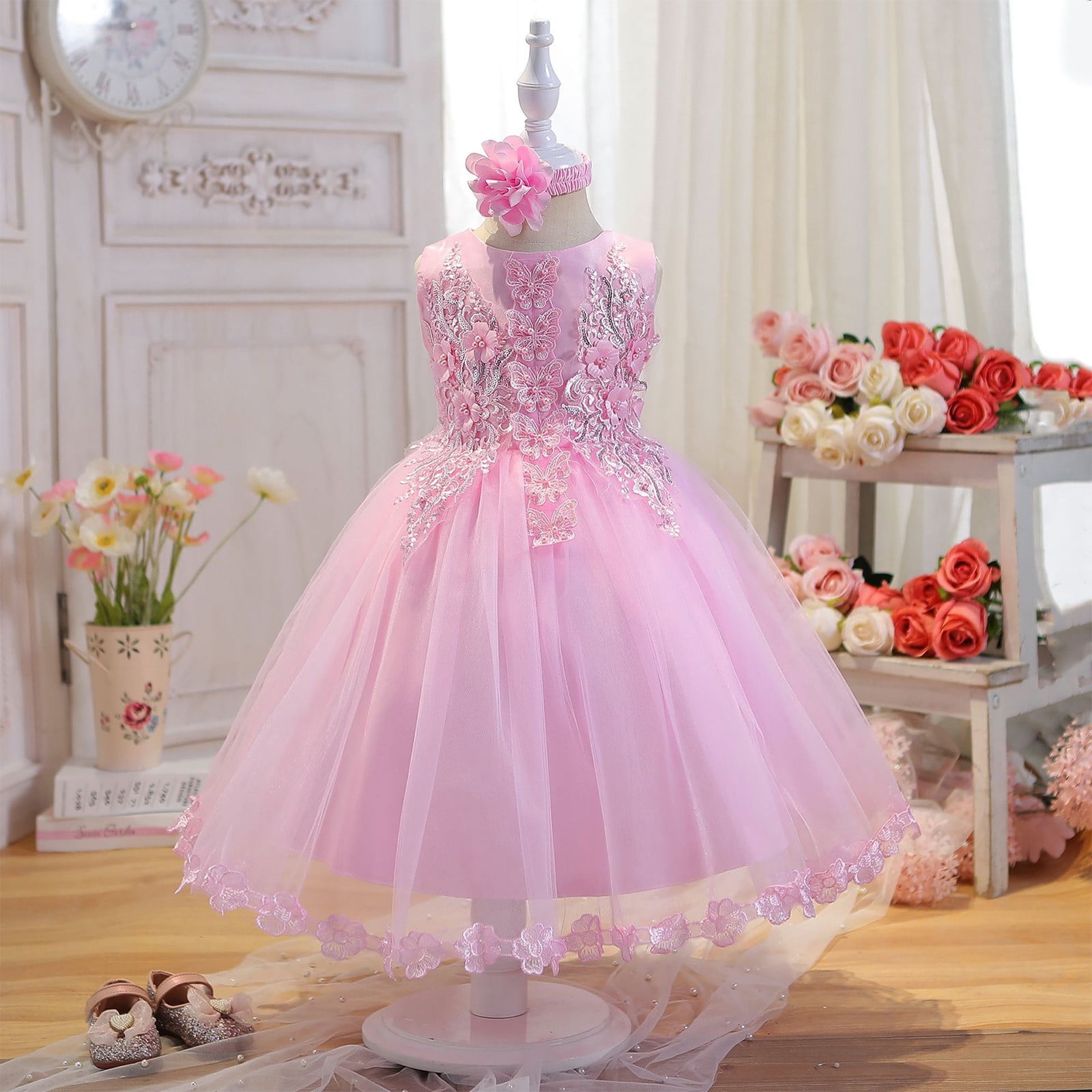 NAISIBABY Girls Princess Dress, Floral Bow Sequin Mesh Sleeveless ...