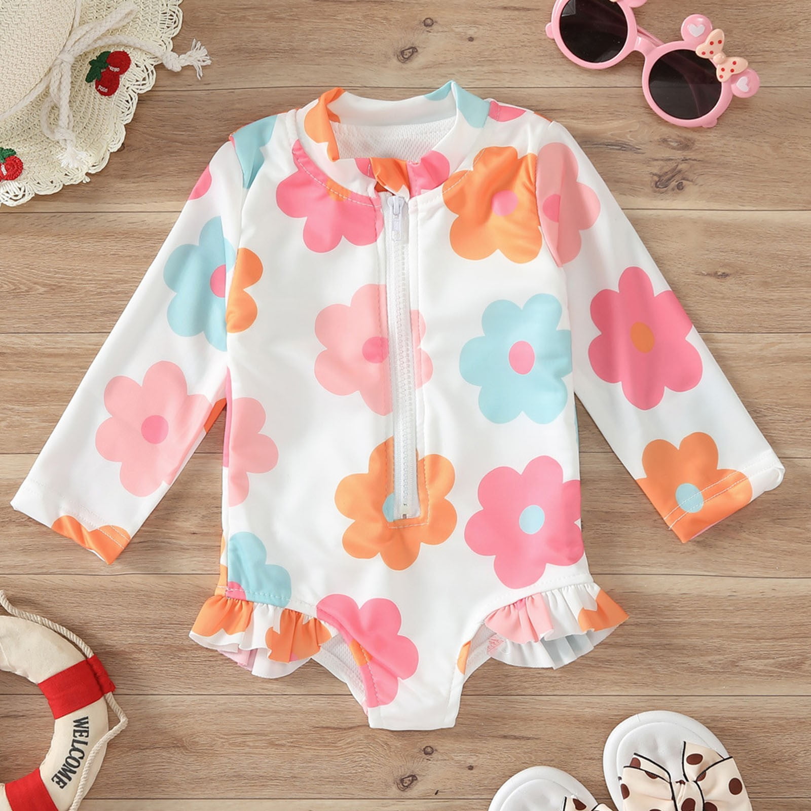 NAISIBABY Girls Rash Guard Swimsuit, Sun Protection Floral Prints Long ...