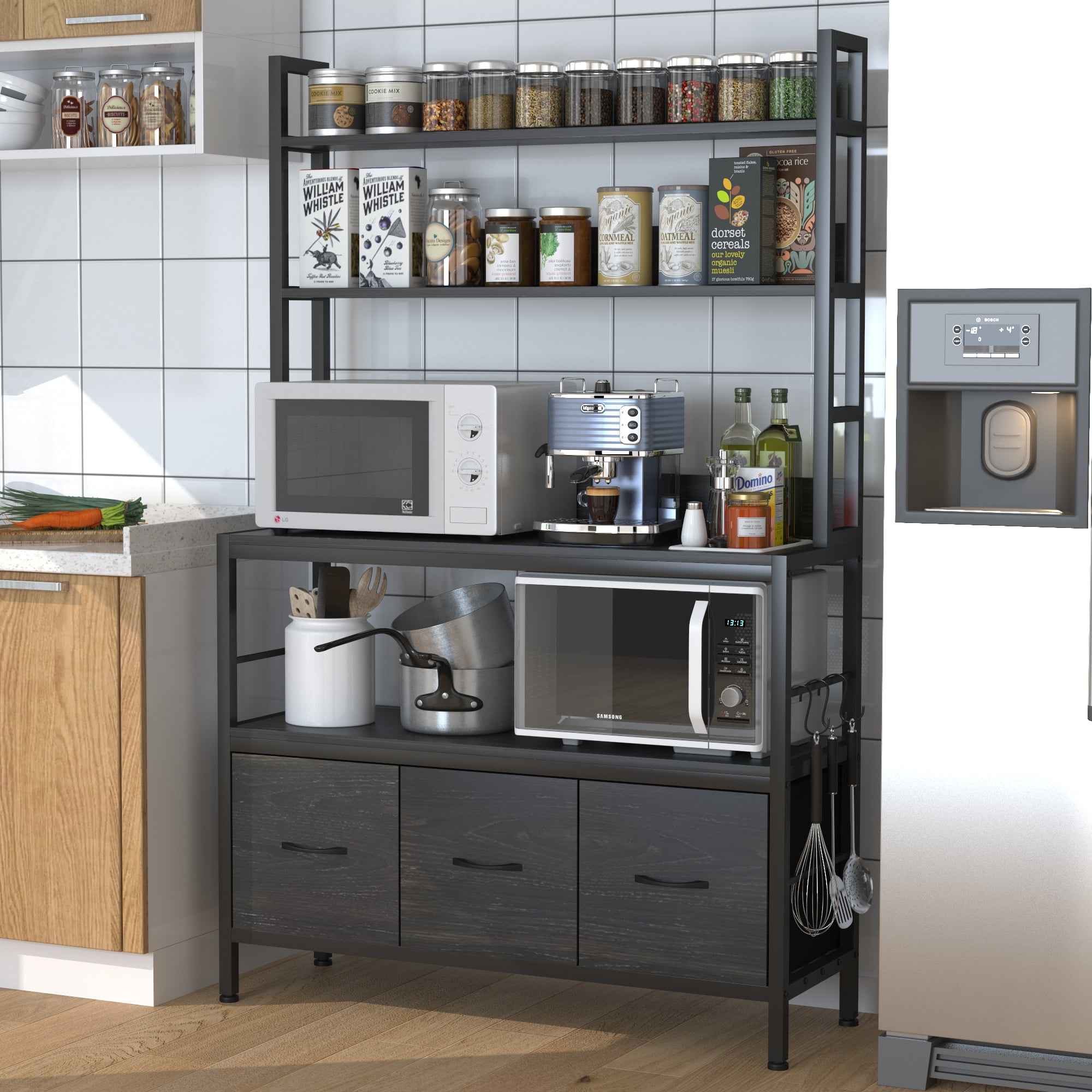 NAIYUFA 5-Tier Bakers Rack, Wood Kitchen Storage with Baskets, Hooks ...