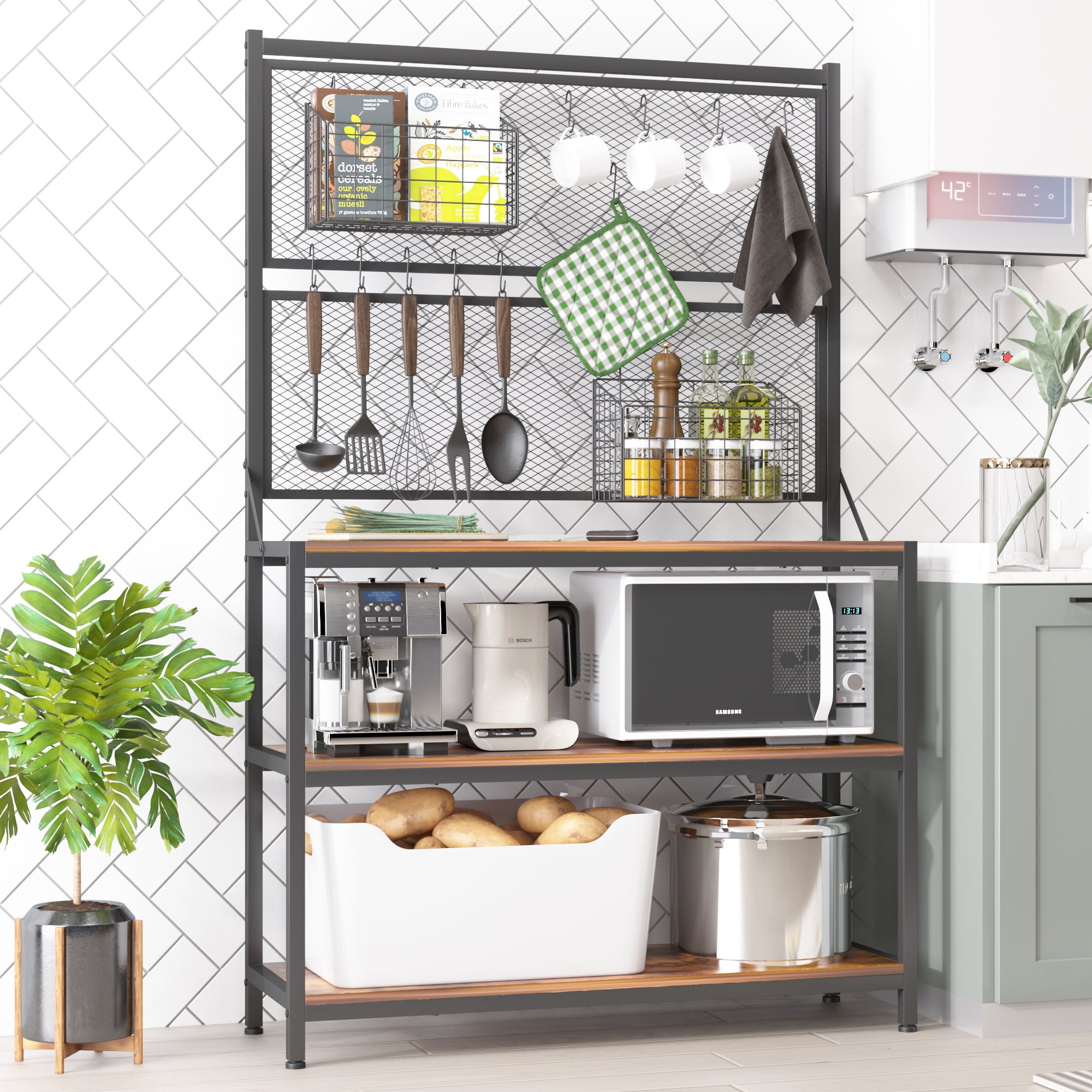 NAIYUFA Bakers Rack Large Wood Kitchen Storage with Mesh Panels ...
