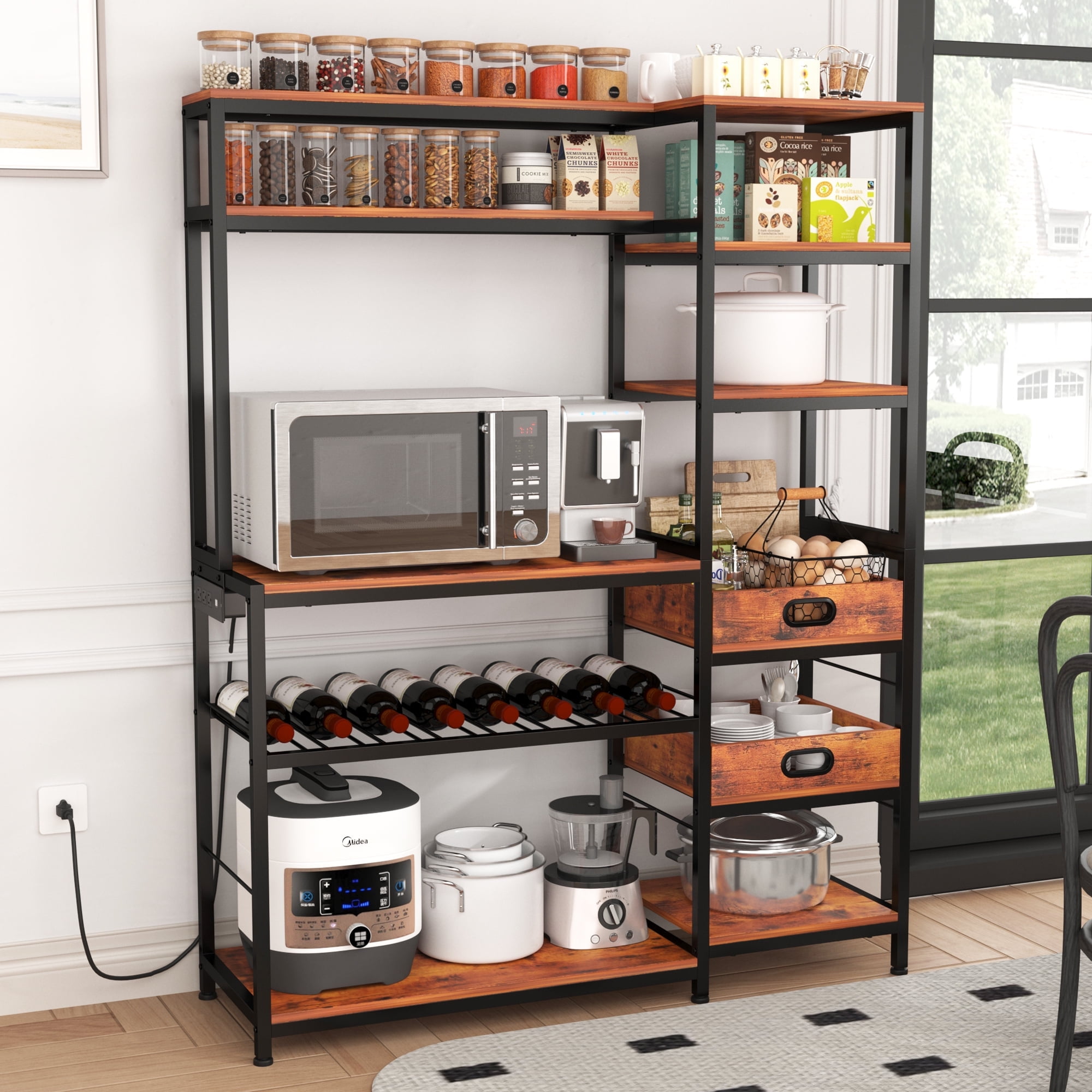 NAIYUFA Bakers Rack with Power Outlet，Microwave Stand with Kitchen Tray ...