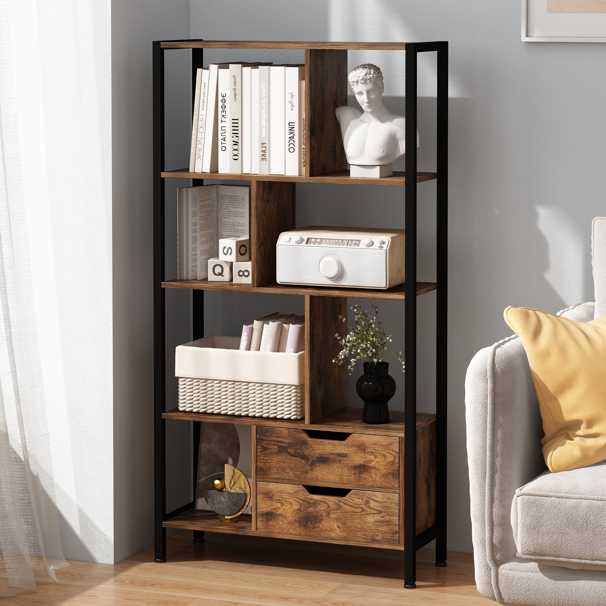 NAIYUFA Bookcase with Metal frame, 4-Tier Wood Bookshelf with 2 Drawers ...