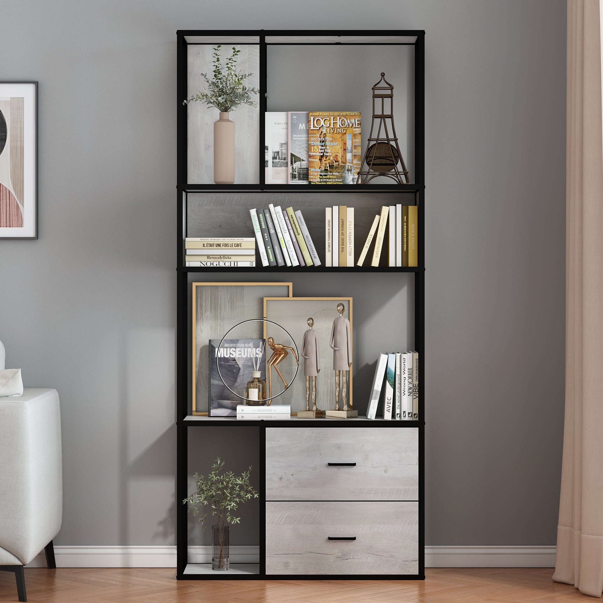 NAIYUFA Bookshelf Large Capacity Light Gray Tall Book Shelves Display ...