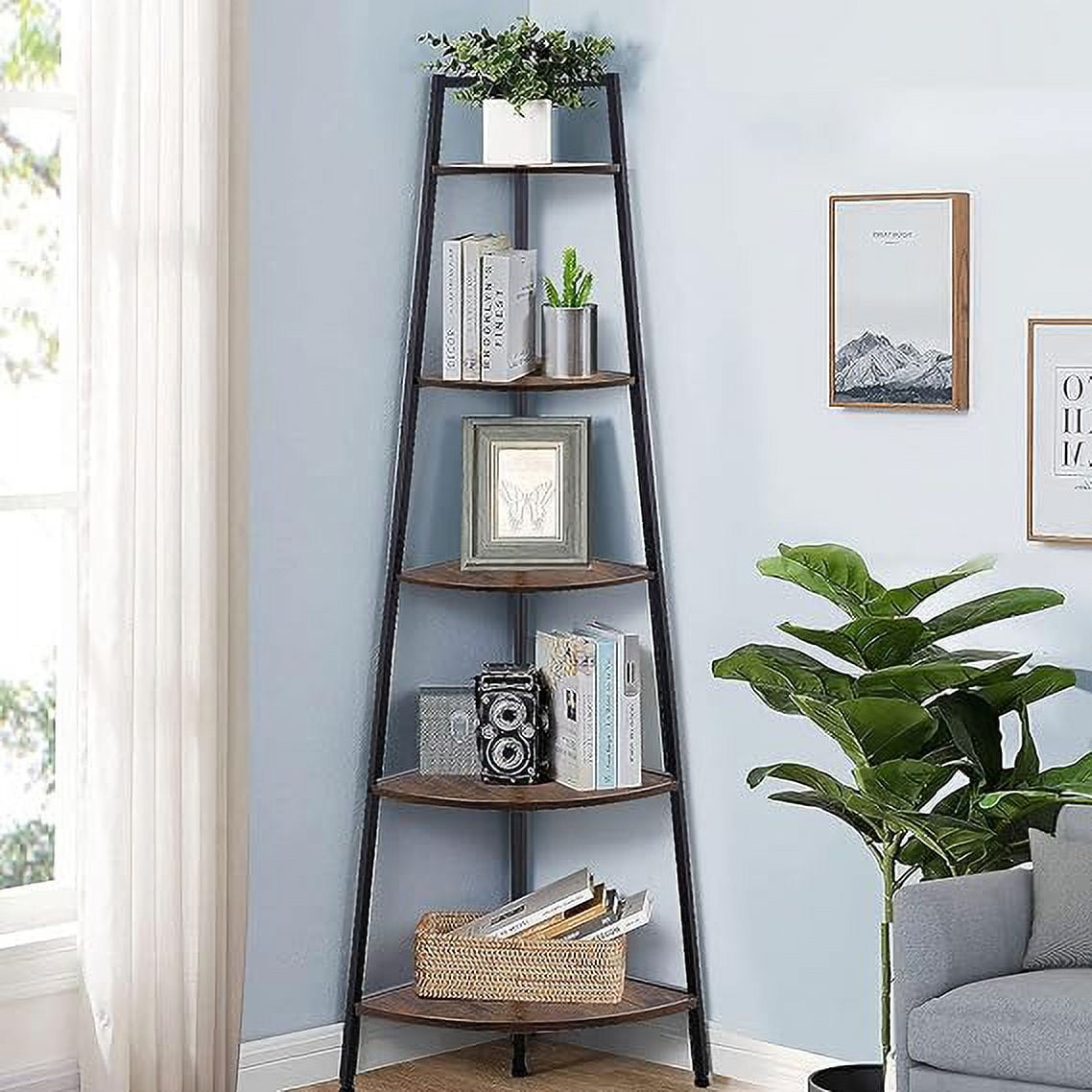NAIYUFA Vertical 5-Tier Corner Bookcase, Wood/Metal Brown, 17.13" x 17. ...