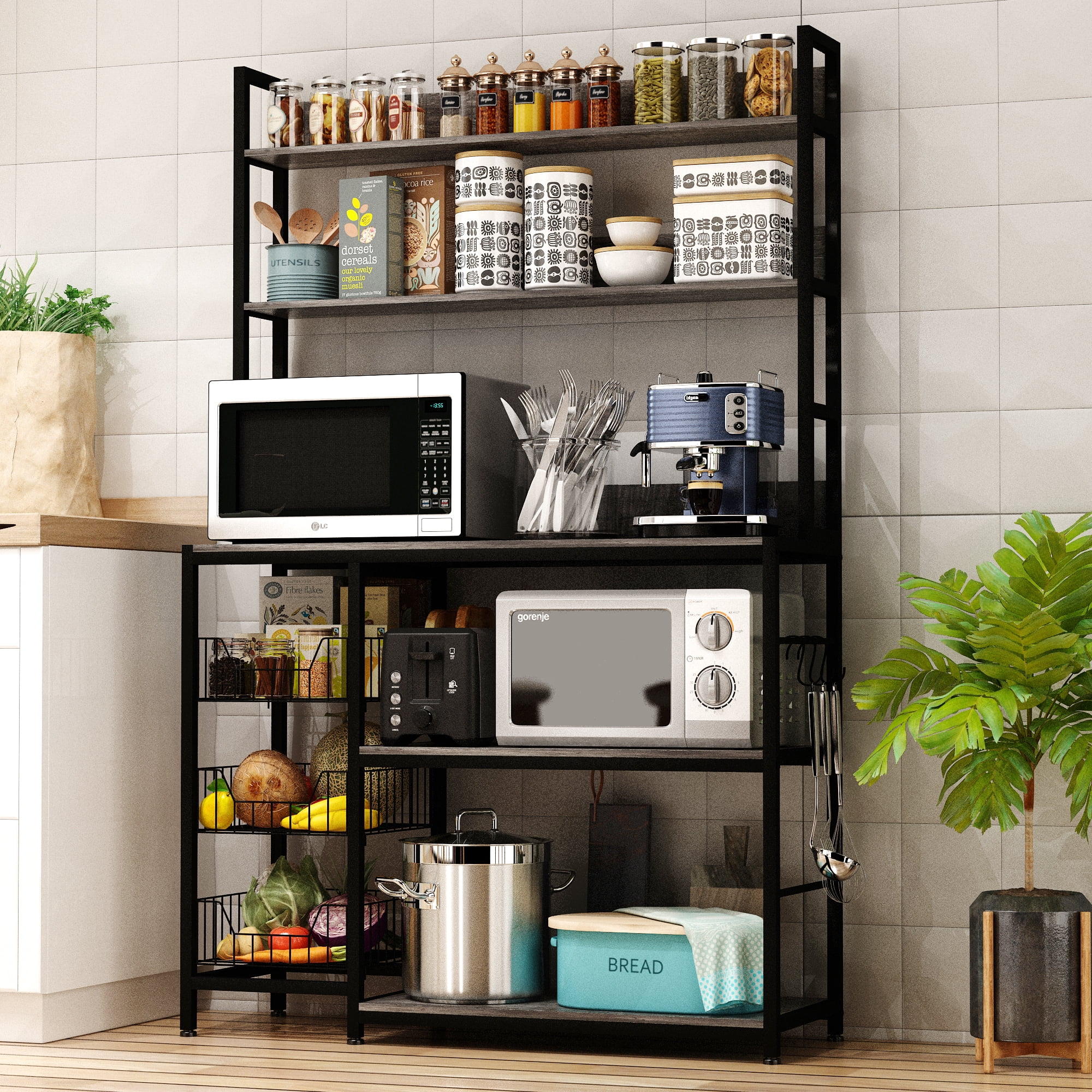 NAIYUFA 5-Tier Kitchen Bakers Rack, Microwave Oven Stand with 3 Baskets ...