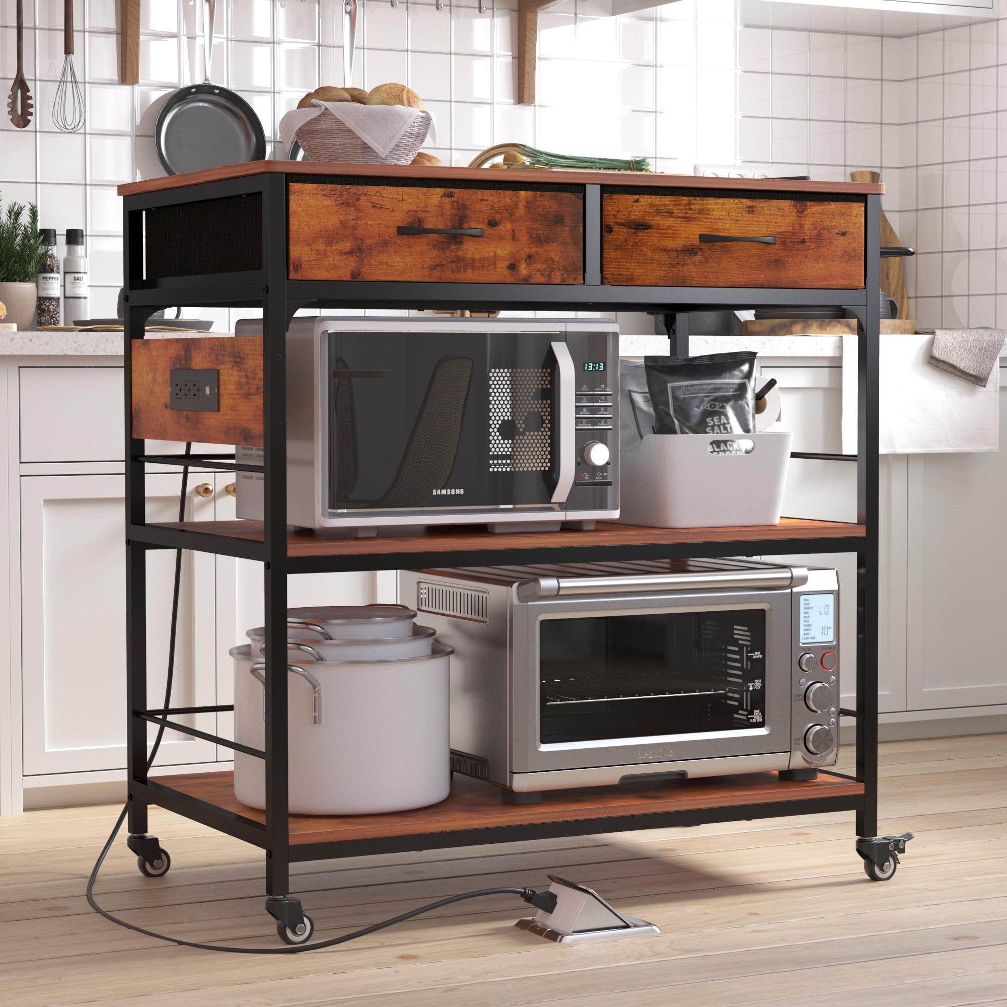 NAIYUFA Adjustable Kitchen Island, 3-Tier Rolling Cart with Outlet ...