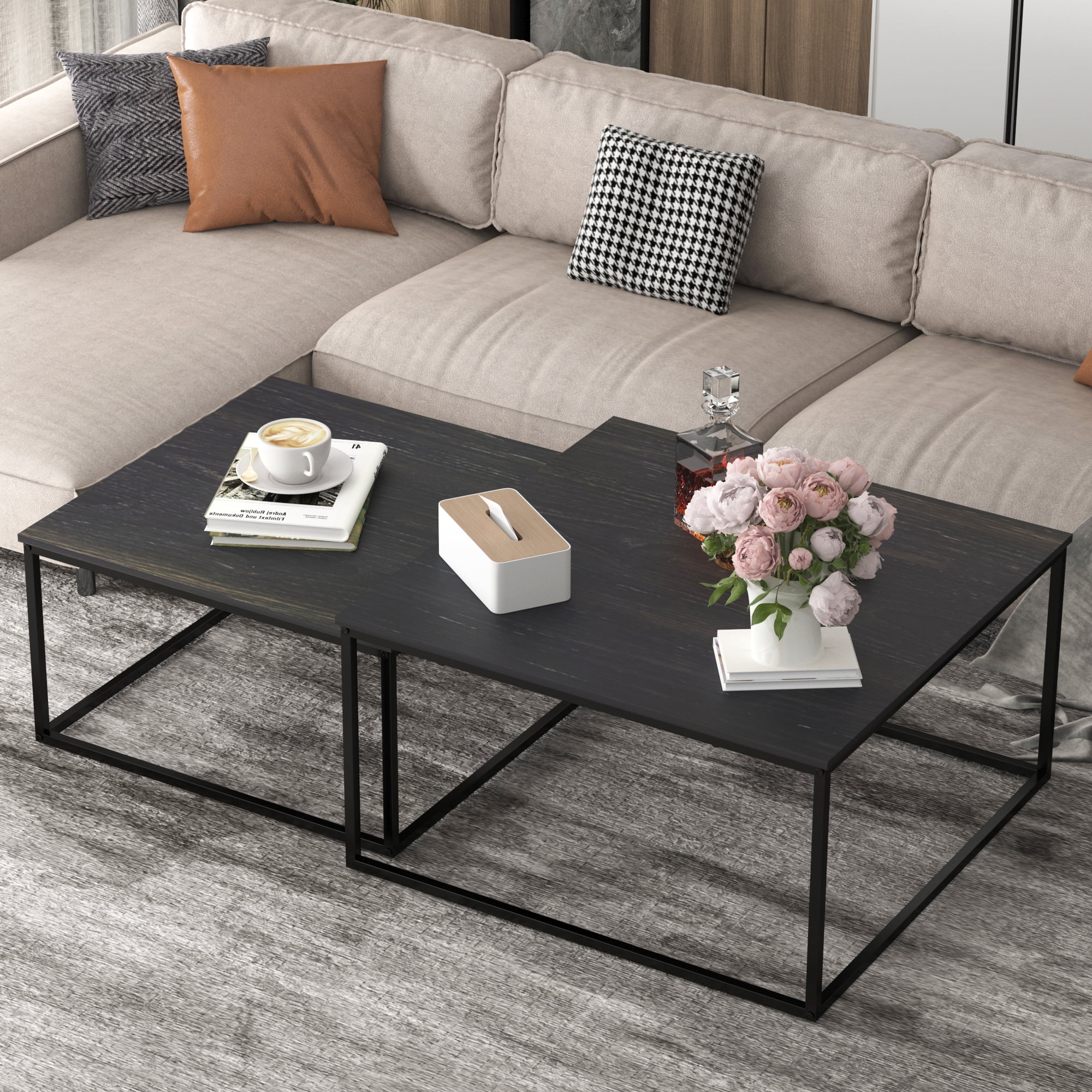NAIYUFA Nesting Coffee Table Set of 2,Square Table with Steel Frame ...