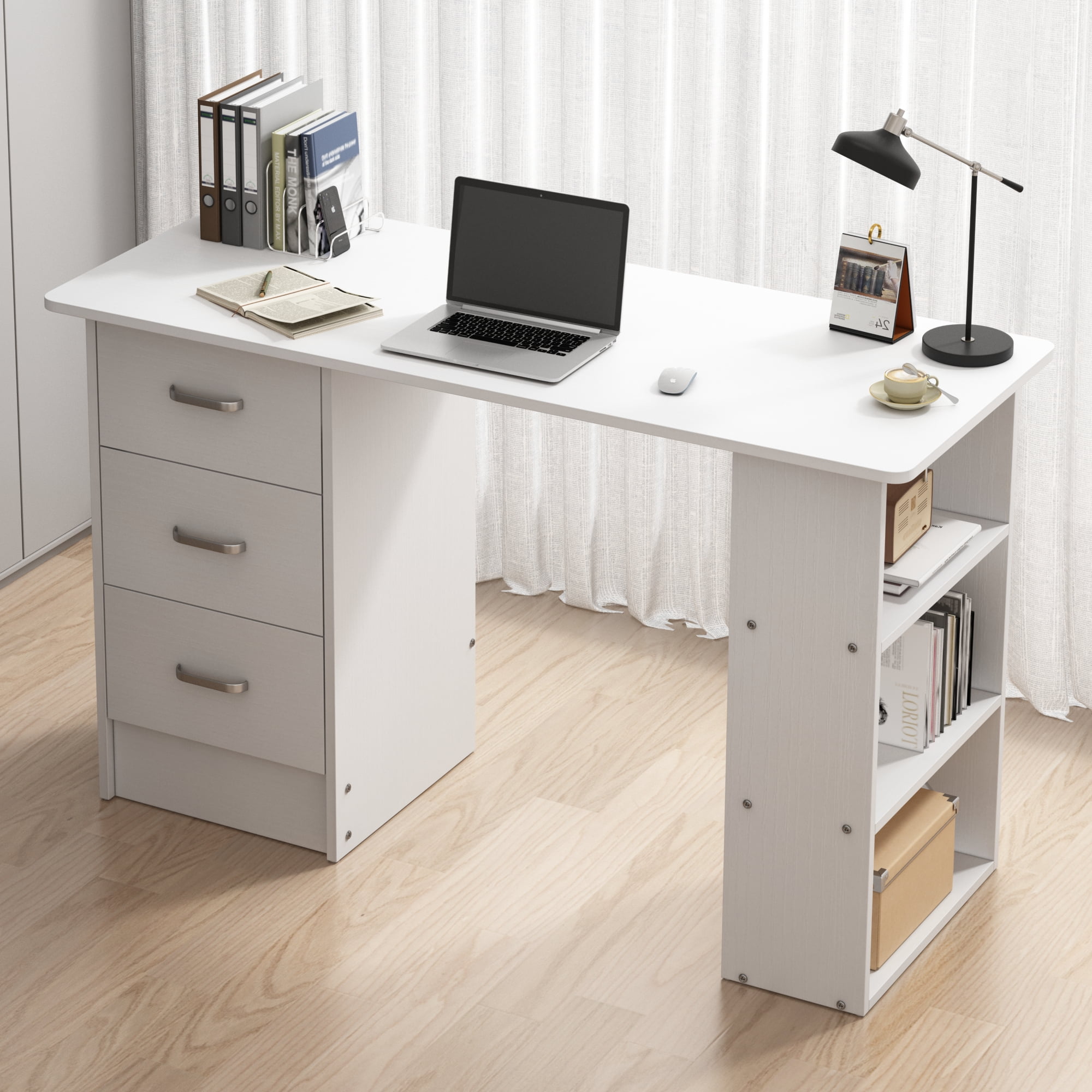 NAIYUFA Writing Desk Wood Computer Desks with 3 drawers,3 open storage ...