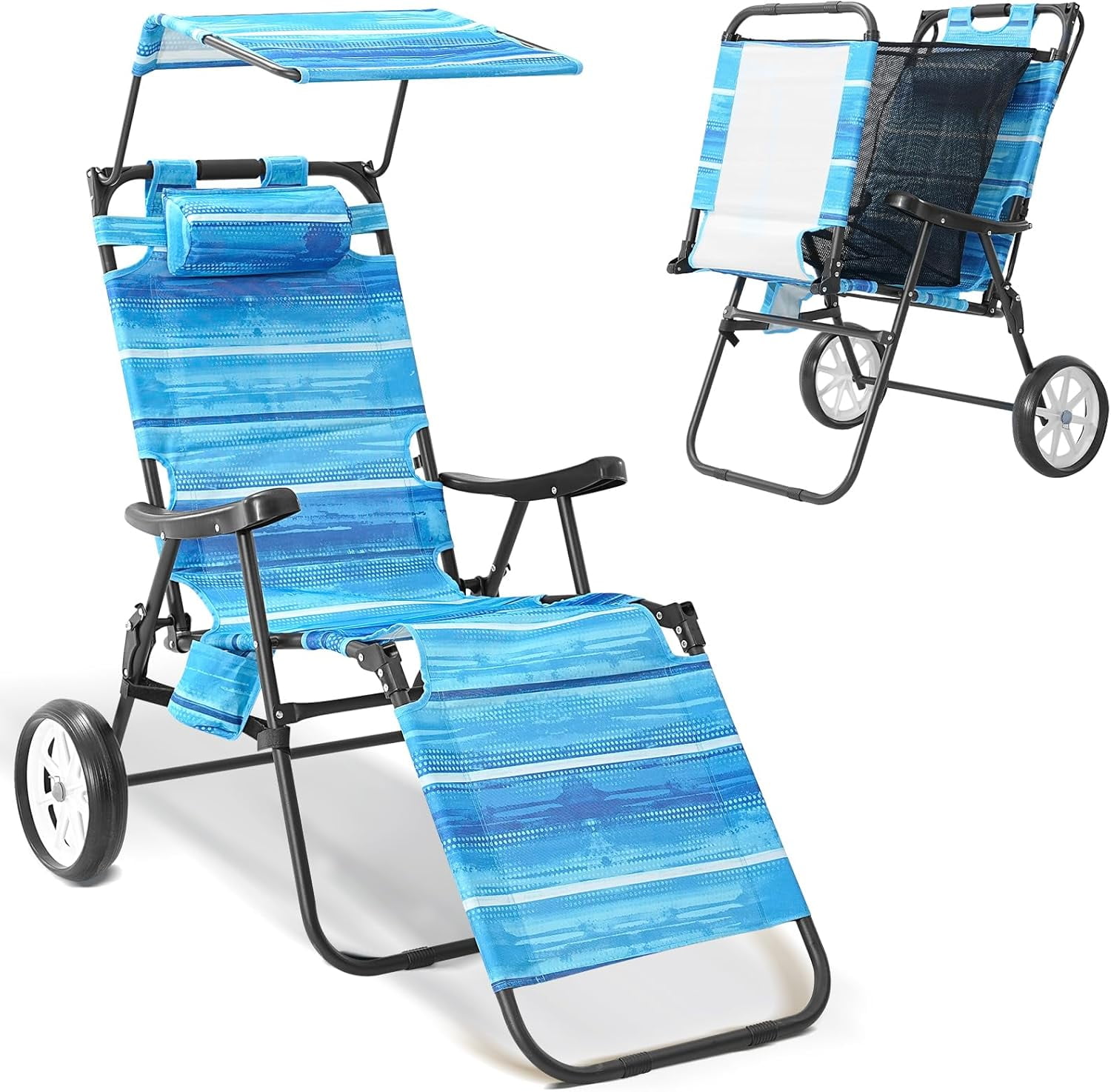 NAIZEA Beach Chair with Canopy Shade, Folding Beach Cart Chair w/Wheels ...